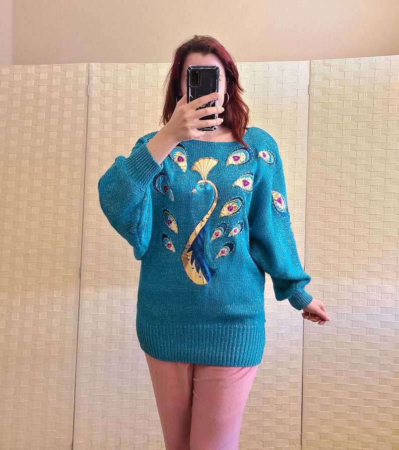 Vintage 80s Bonnie Boerer Peacock Bejeweled 80s Ugly Sweater By Bonnie ...