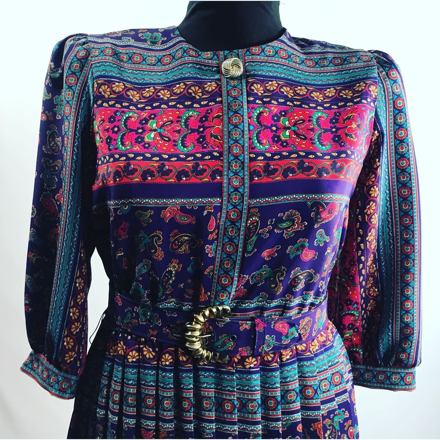 Vintage 80's Multicolor Paisley Floral Pleated Dress by Lady Carol ...