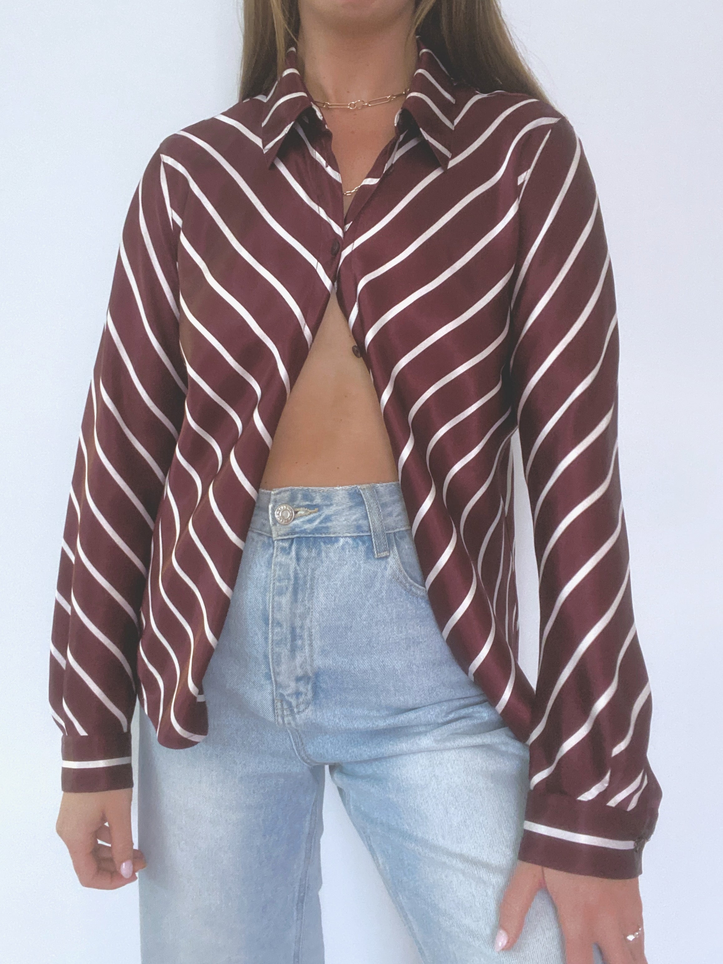 Vintage 80s/90s Satin Maroon And White Striped Button Down Blouse ...