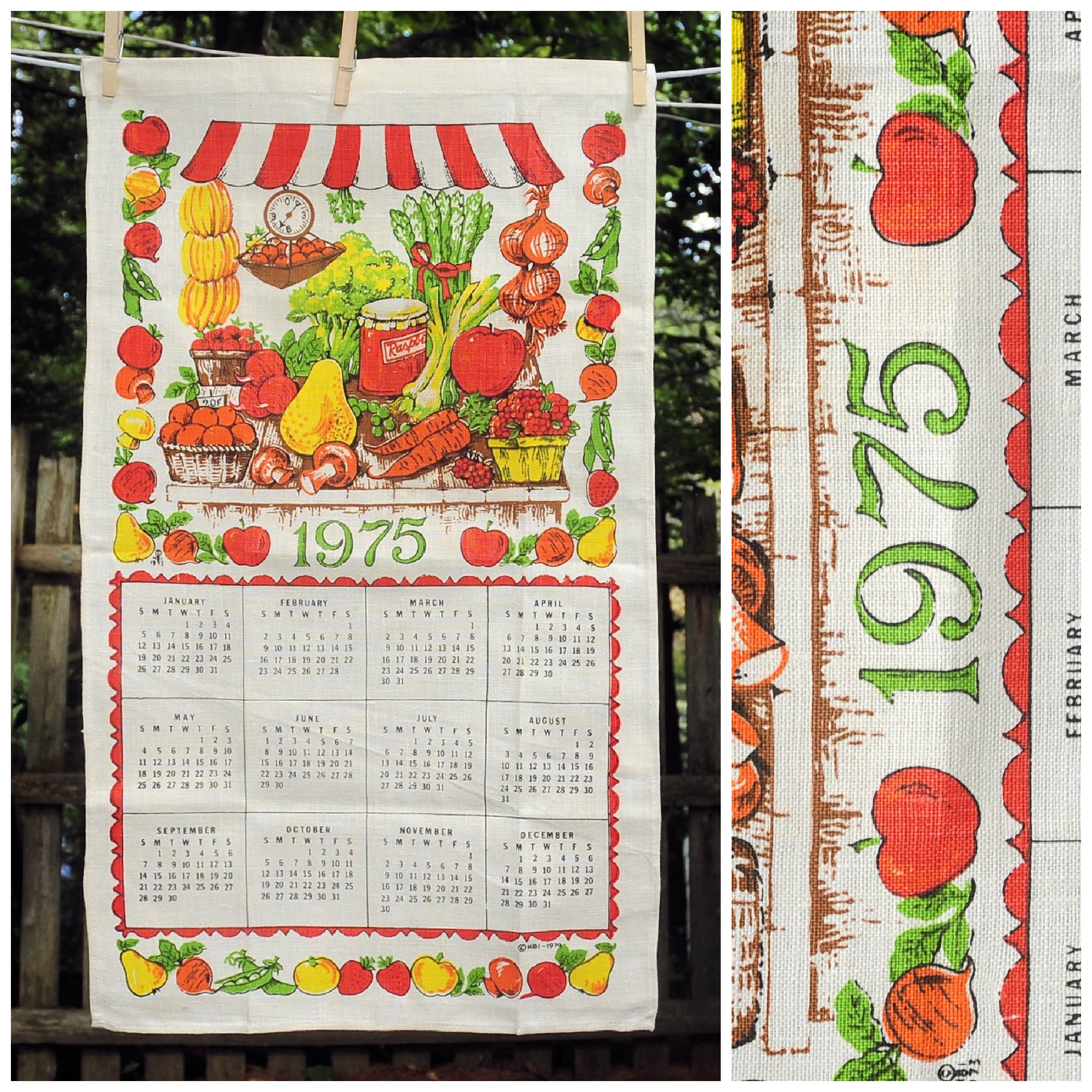 Vintage 70s Vtg 1975 Summer Fruits Veggies Calendar Tea Towel | Shop ...