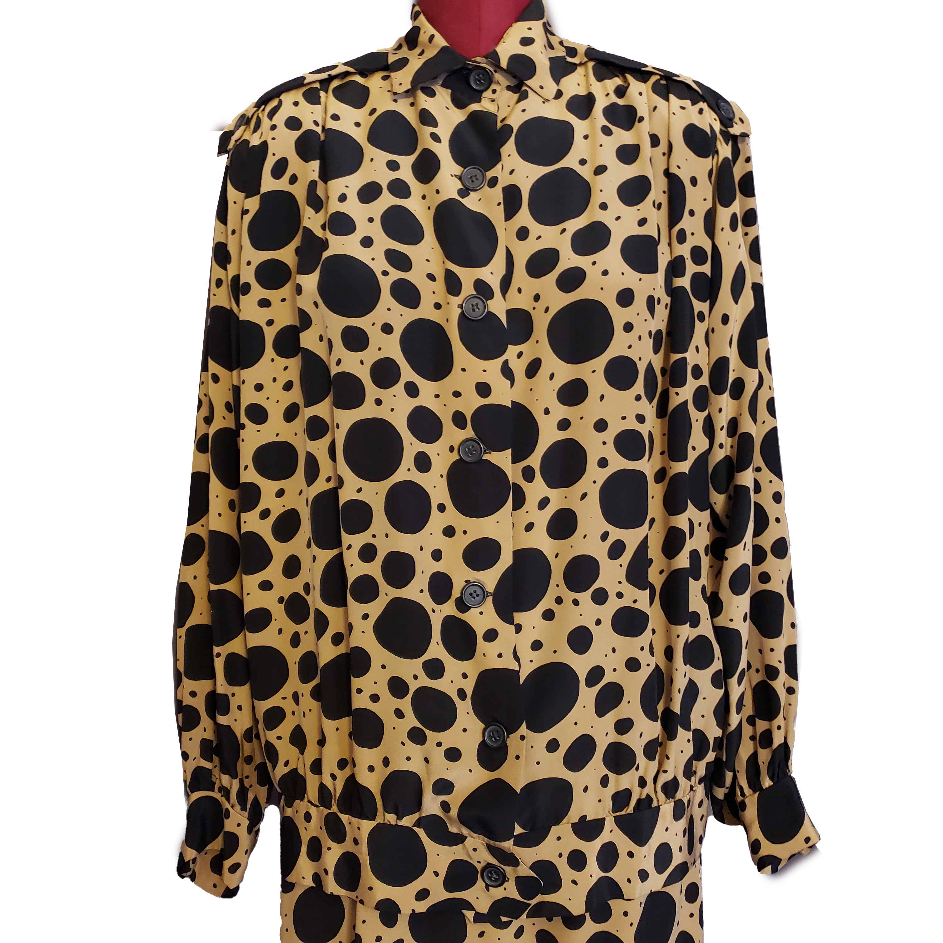 Vintage 80s Blouse Skirt Set Black Large Dots Tan Silk 12 By Frances ...