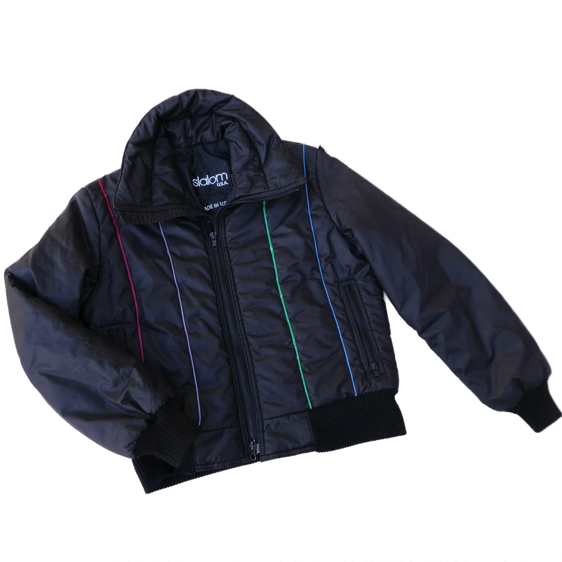 Vintage 80s Black Ski Jacket Puffy 2 Way Zip Rainbow Stitching By ...