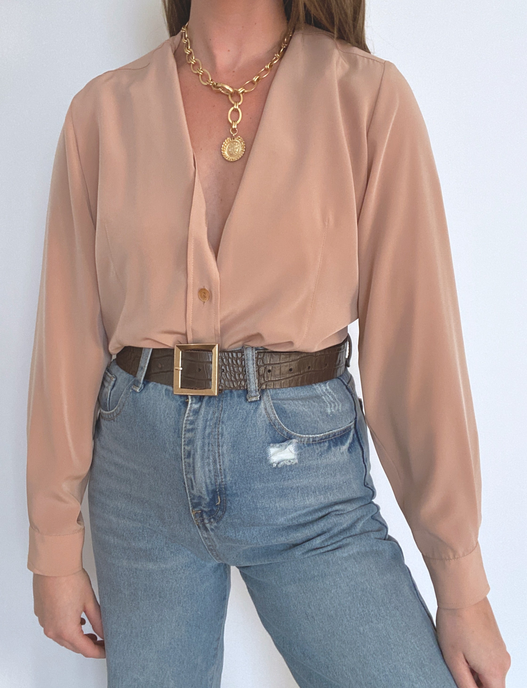 Vintage 70s/80s Neutral Blouse With Embroidered Collar | Shop THRILLING