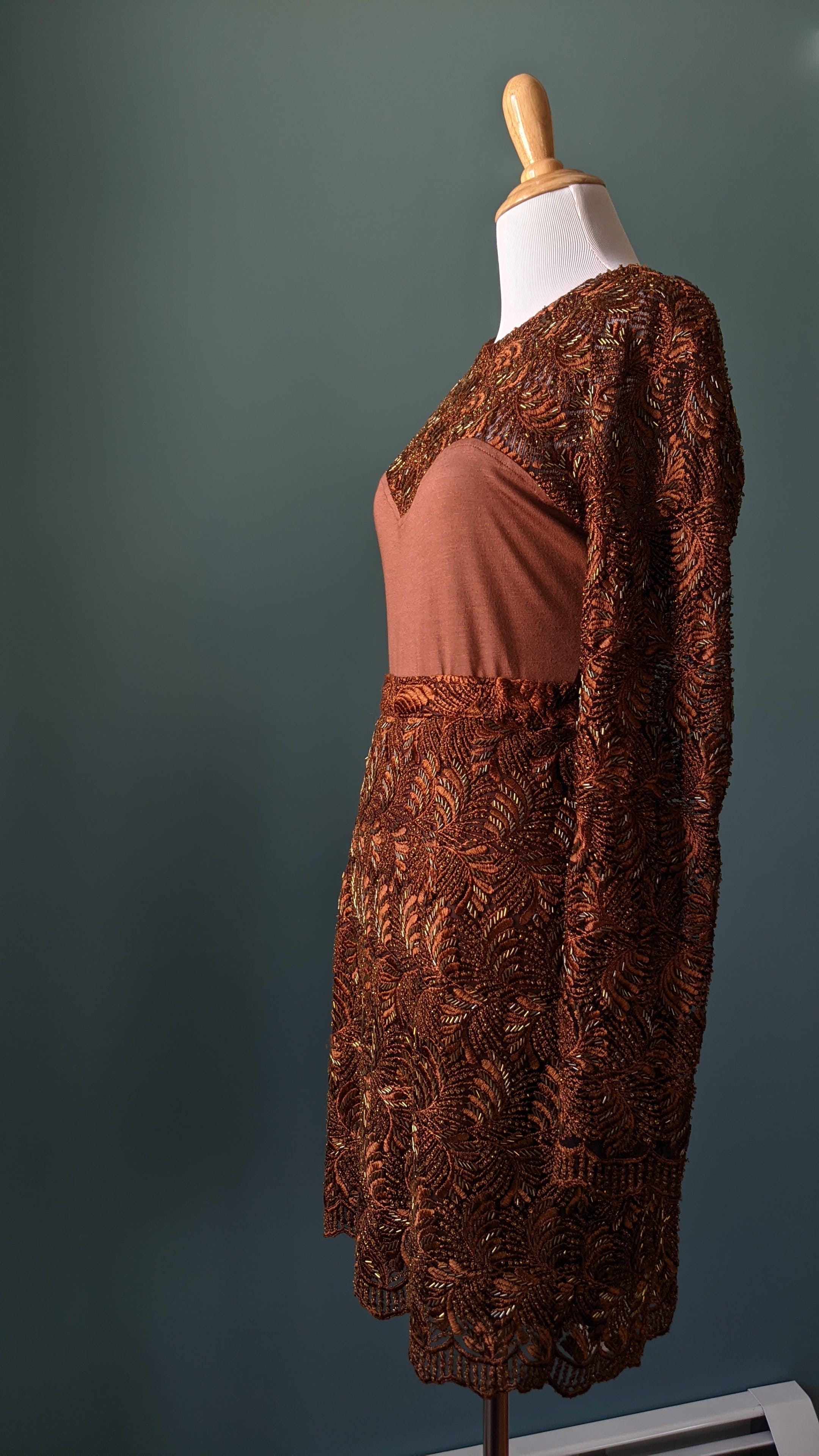 Vintage 2 Pc Bronze Bodysuit and Skirt Dress Set by Cache | Shop THRILLING