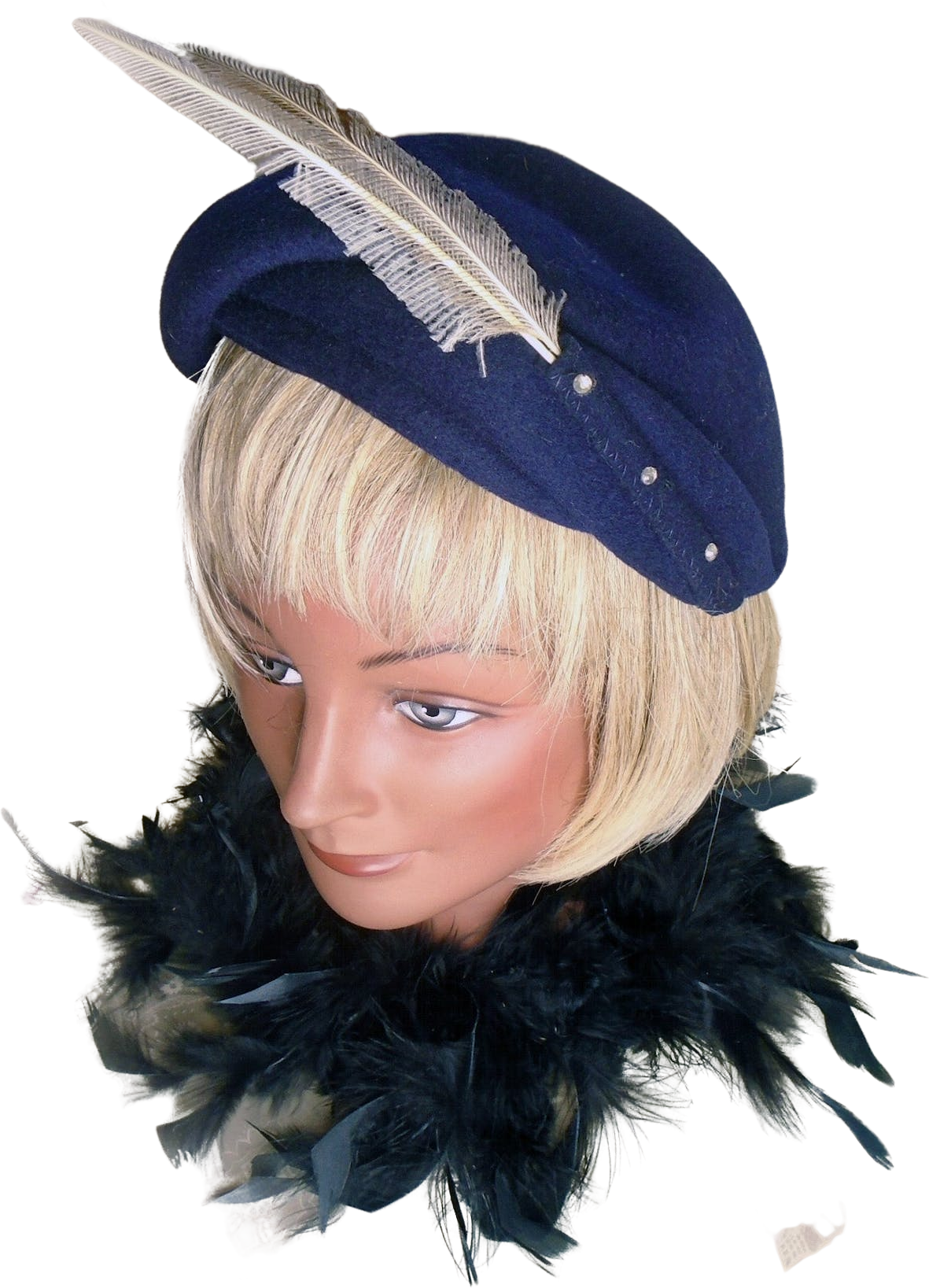 Vintage 40s Navy Calot Hat, Feathers Rhinestones Old Hollywood By ...