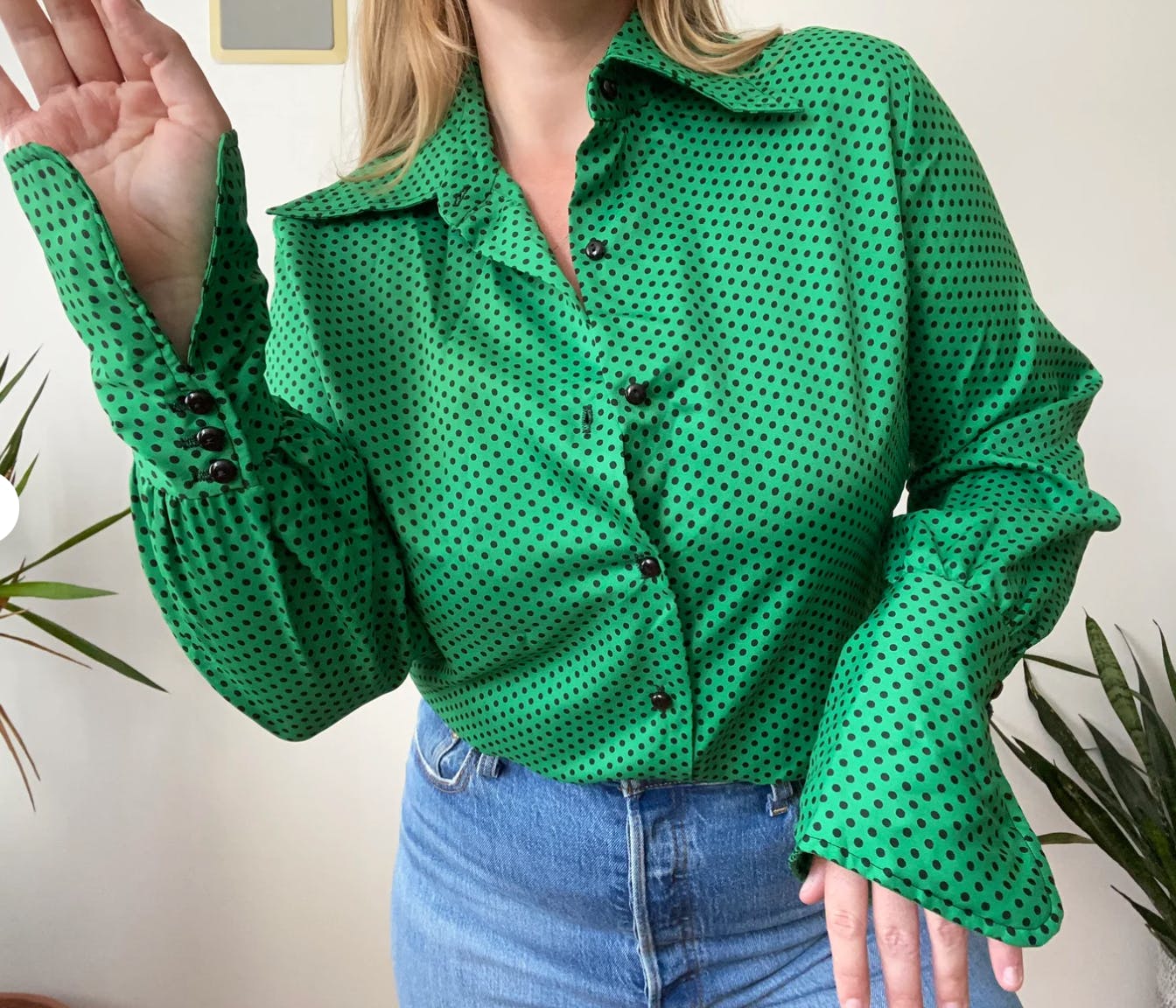 Vintage Groovy Green Black Polka Dot Blouse by Contessa Monique By ...