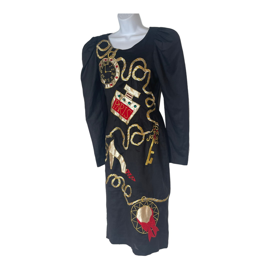 Vintage 80s/90s Party Novelty Paris Rhinestone Puff Sleeve Dress By ...