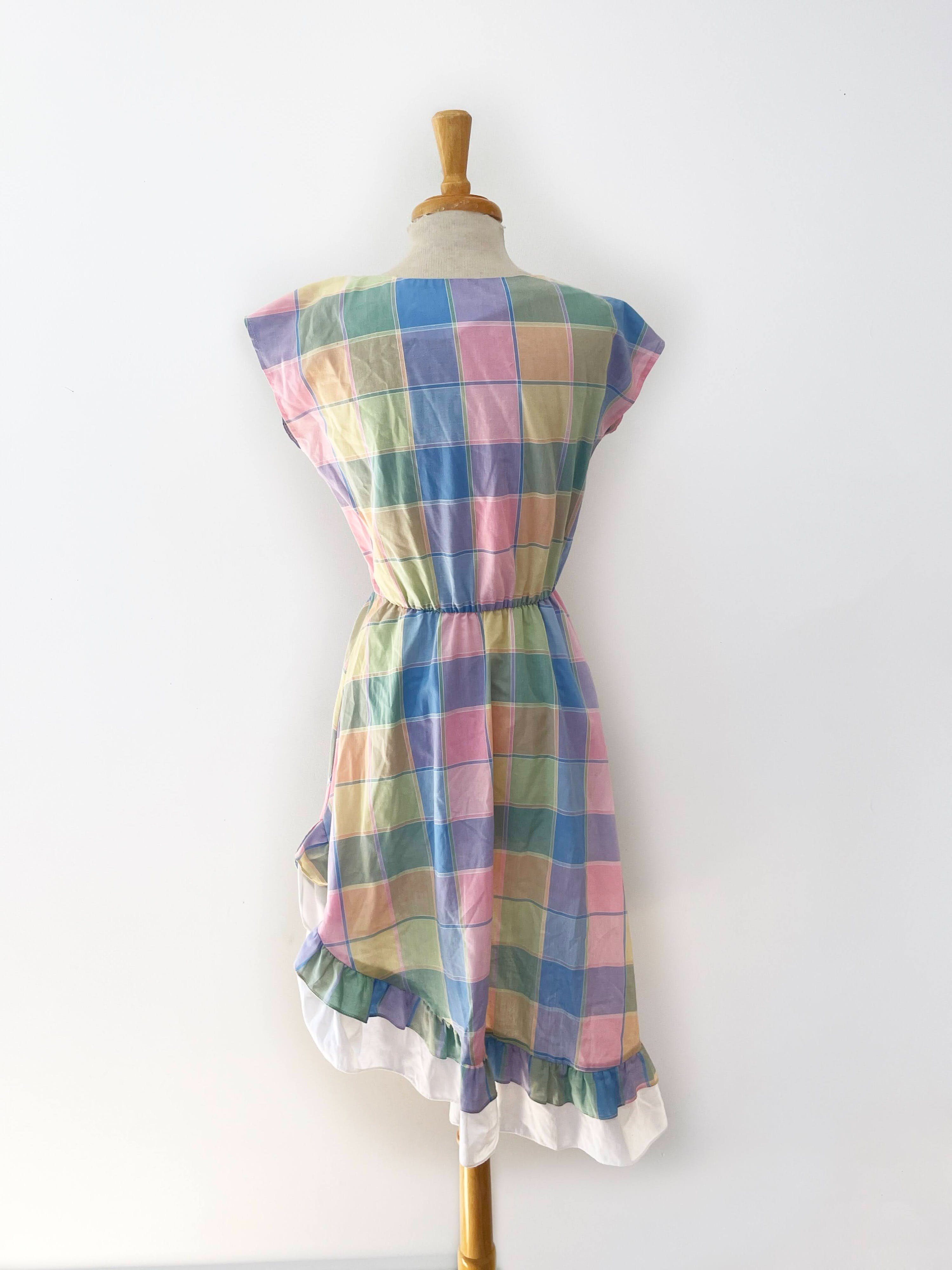 Vintage 80’s Pastel Plaid Dress with Asymmetrical Hem by Entourage ...