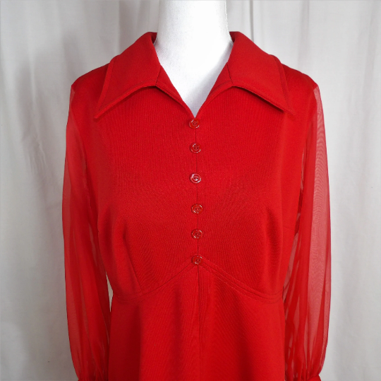 70s / Plus Size / Vintage Red Dress Sheer Sleeves | Shop THRILLING