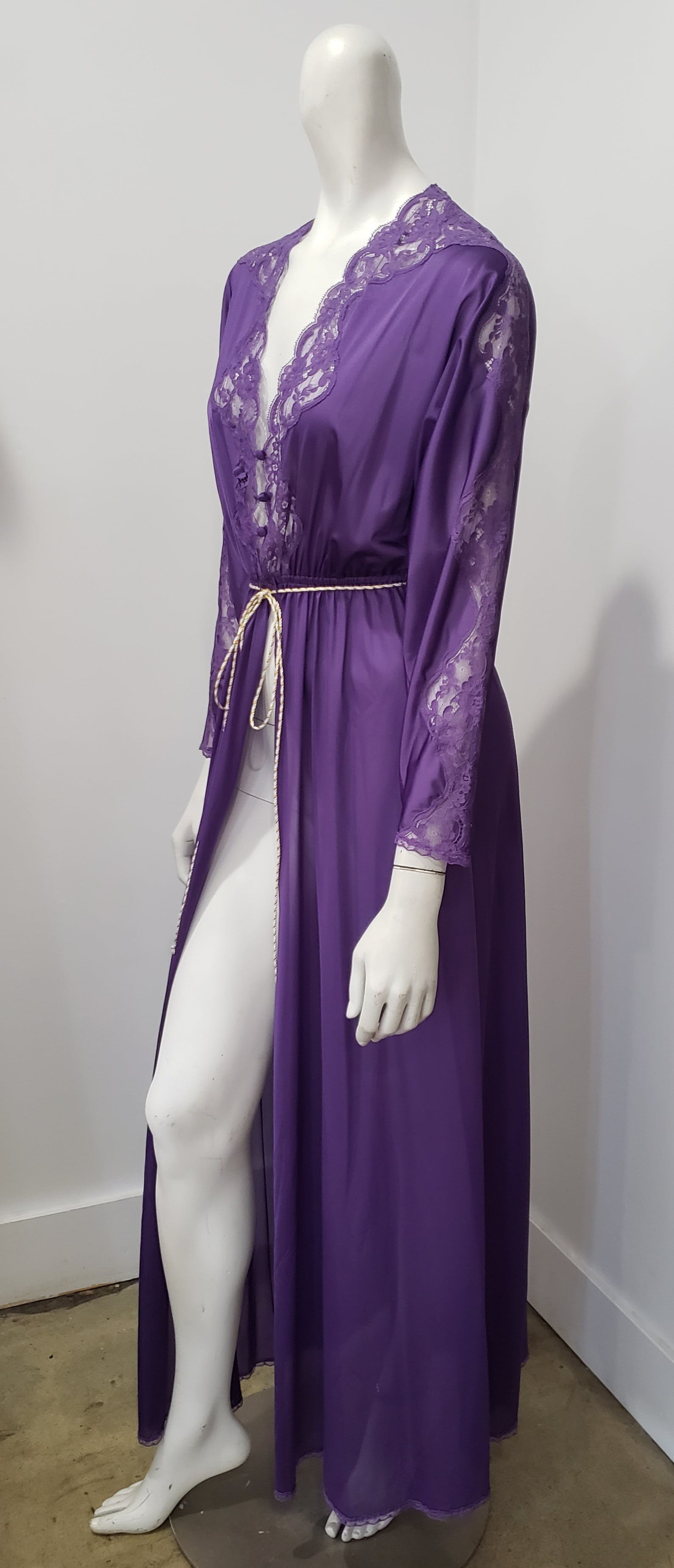 Vintage 70's Purple Lace Plunging Neckline Metallic Rope Tie Slit ...
