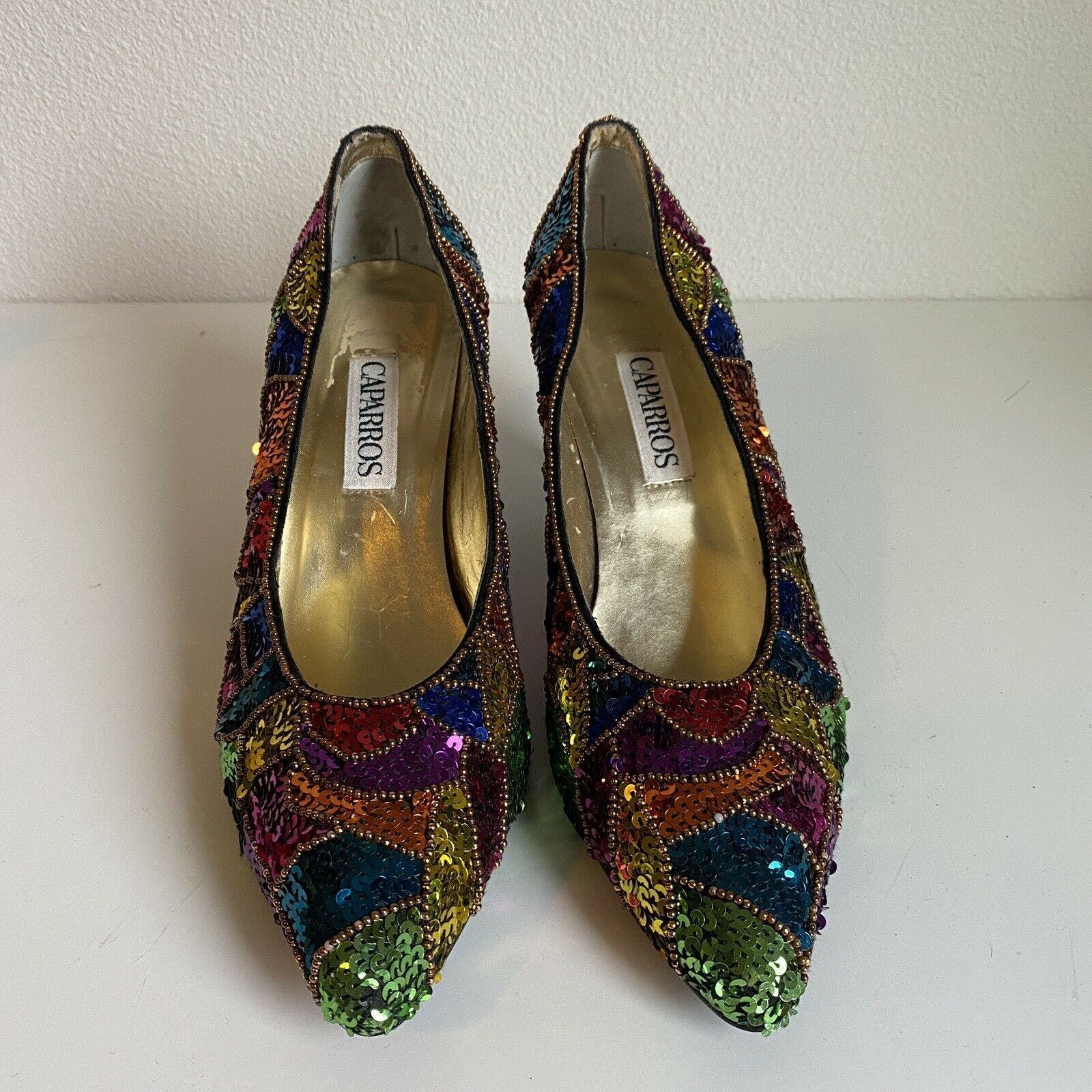 Vintage 80's Sequin Rainbow Pumps Heels Colorblock Glamour by Capraros ...