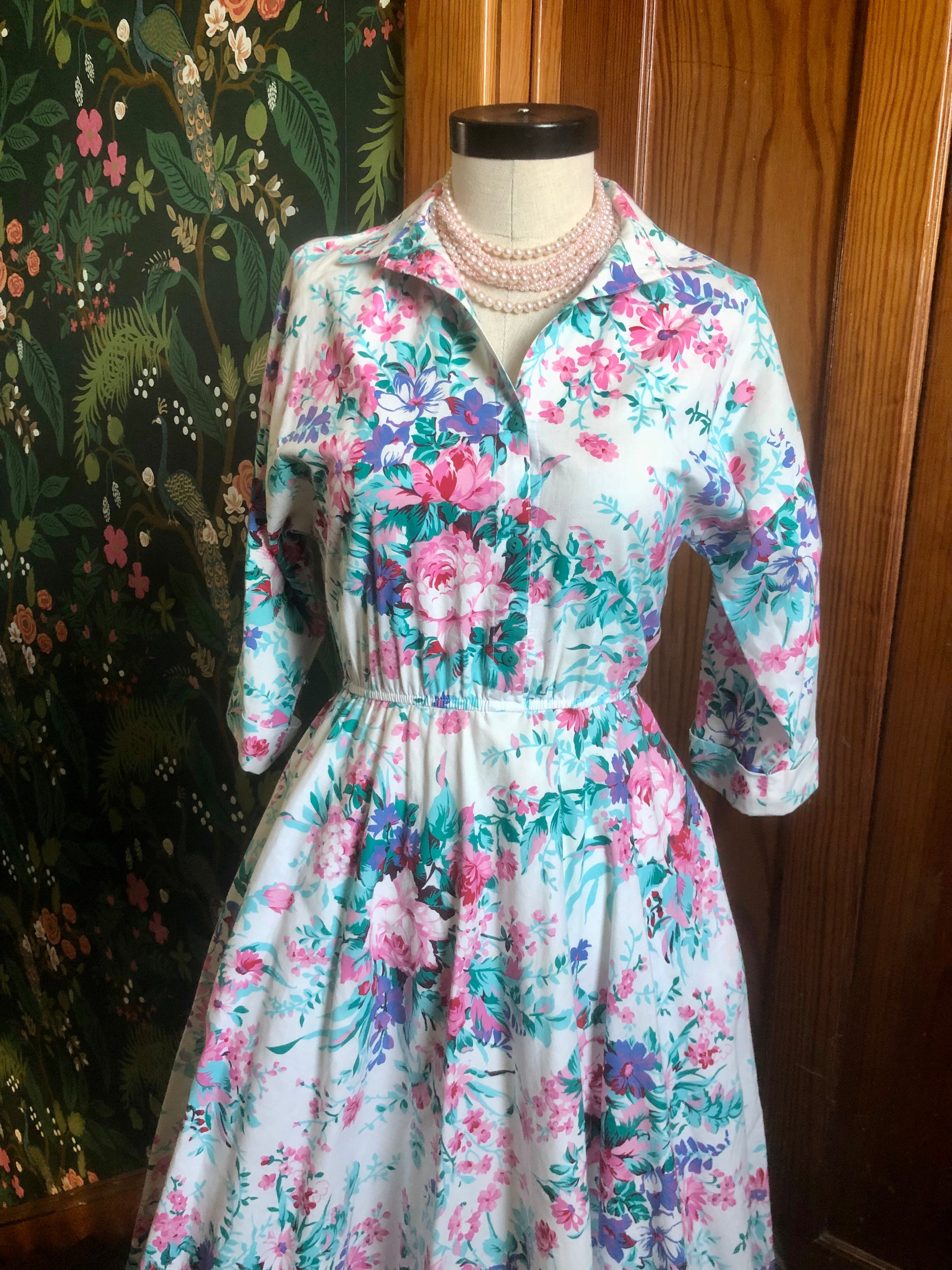 Vintage 80s/90s Cotton Floral Shirtwaist Dress M L | Shop THRILLING