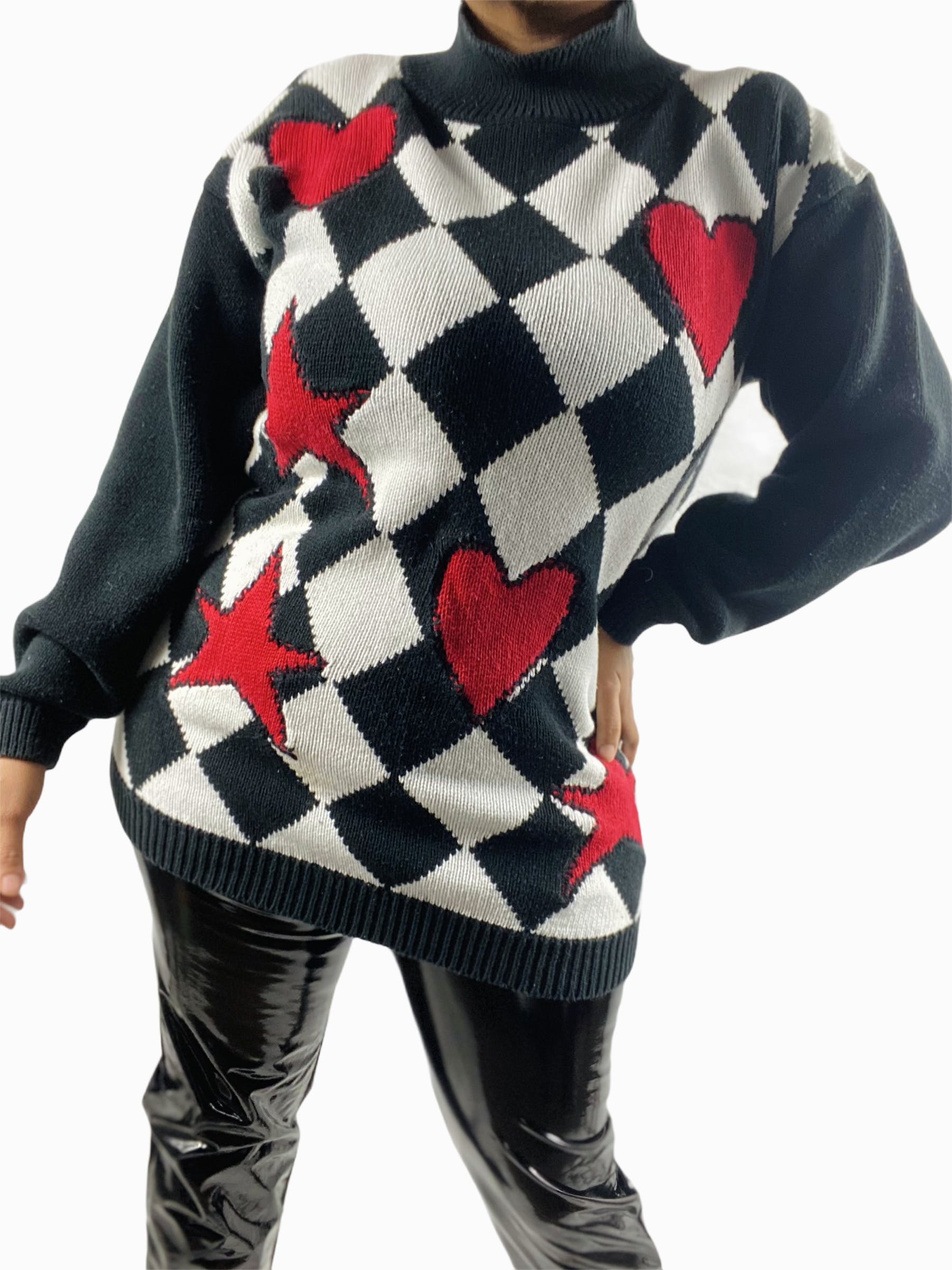 Vintage Black and White Checker Sweater with Red Hearts and Stars ...
