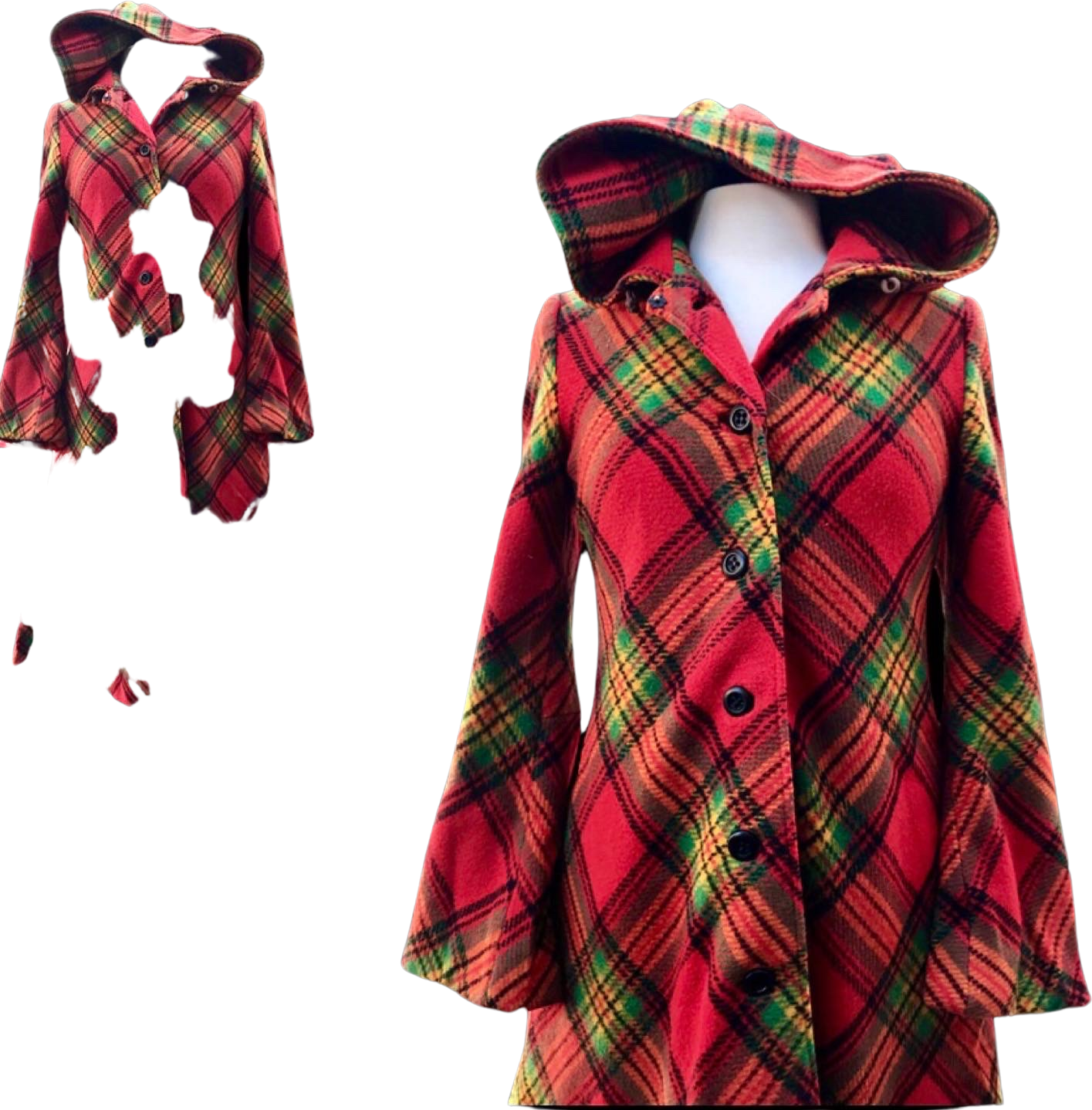 Vintage 70s Red Plaid Hooded Princess Bell Sleeve Coat | Shop THRILLING