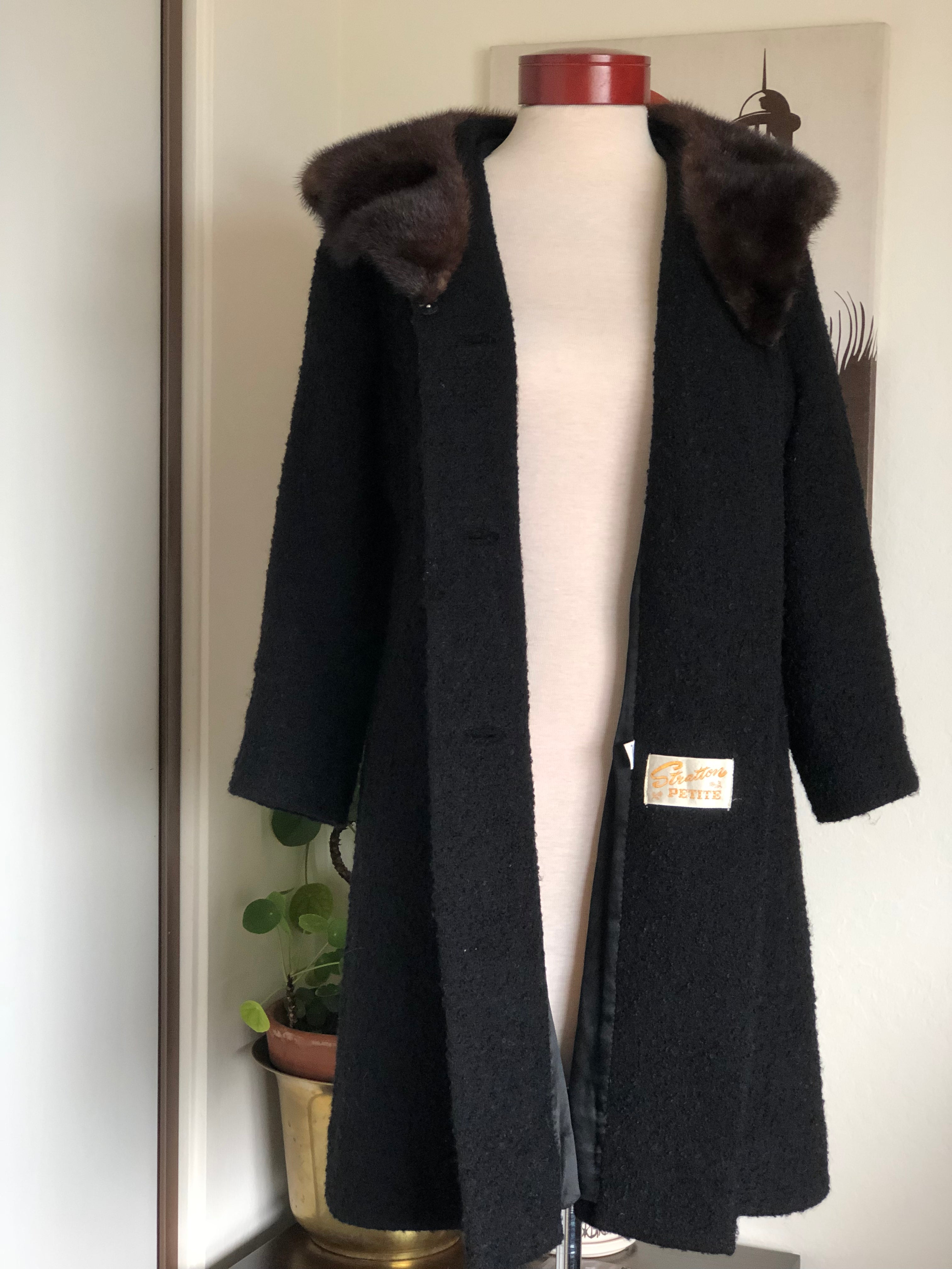50s/60s Vintage Black Wool Coat Mink Fur Collar 60s Mod By Stratton Pe ...