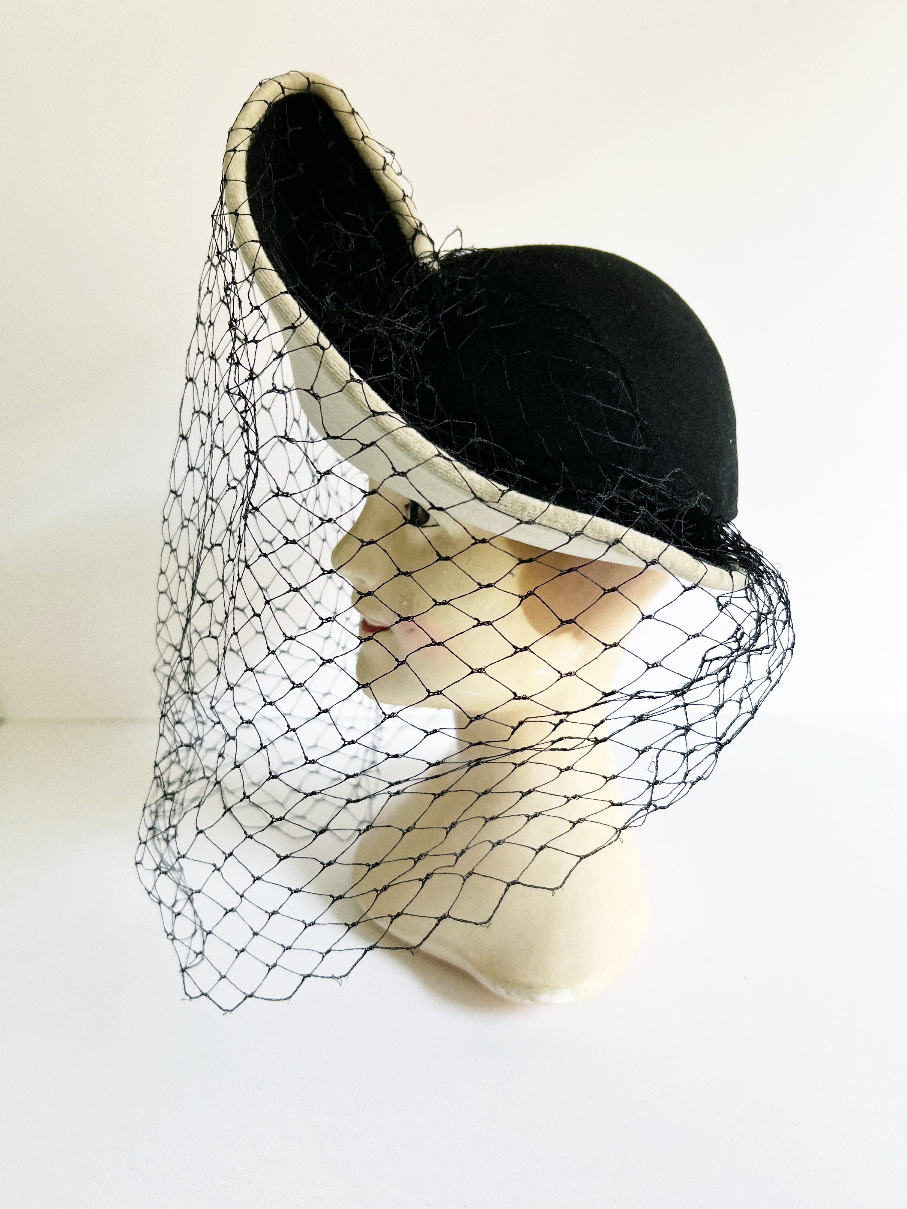 Vintage 40s Black And White Wool Felt Sculptural Hat With Veil | Shop ...