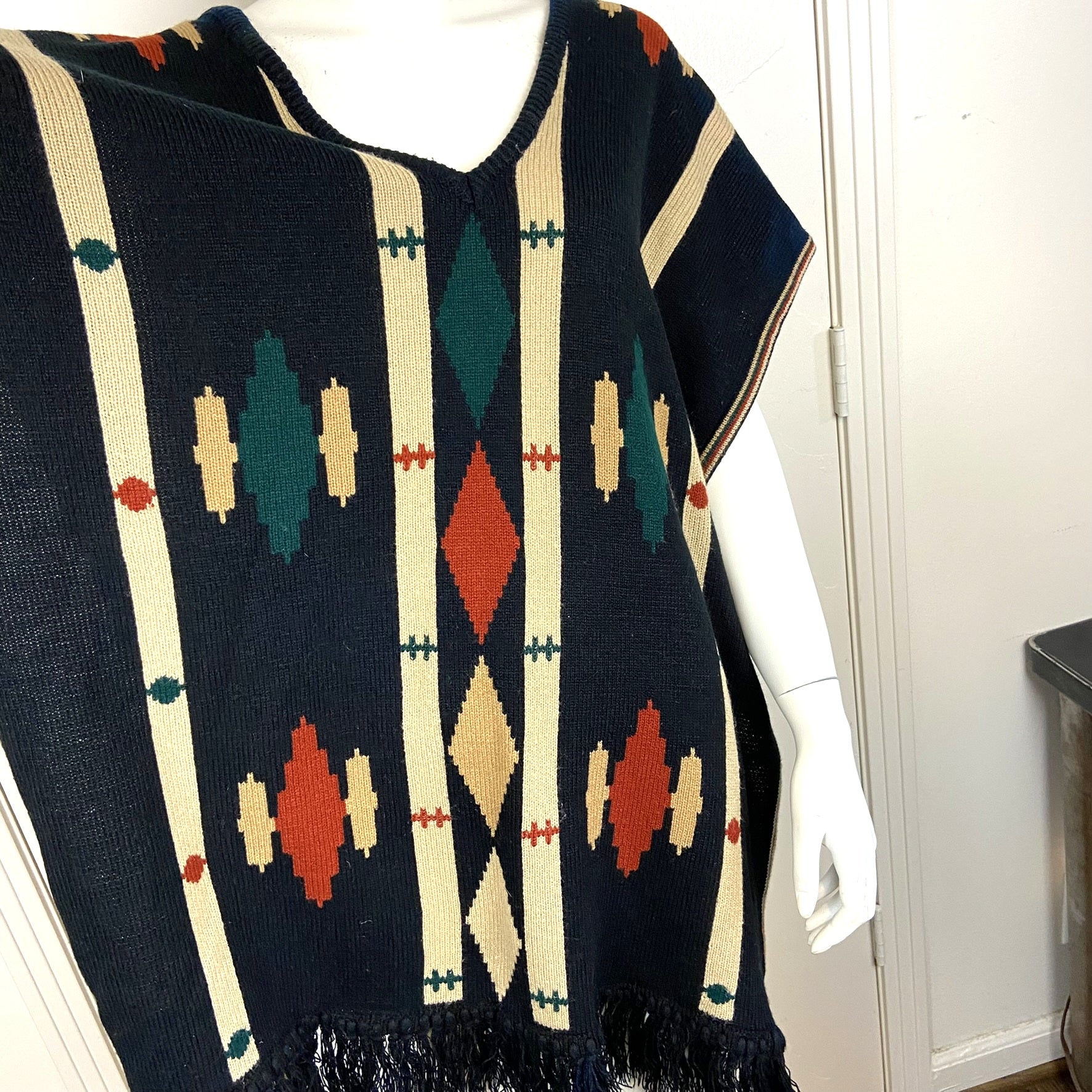 Vintage 70s Unisex Fringe Sweater Southwestern Poncho Cape Os By Kimlon ...