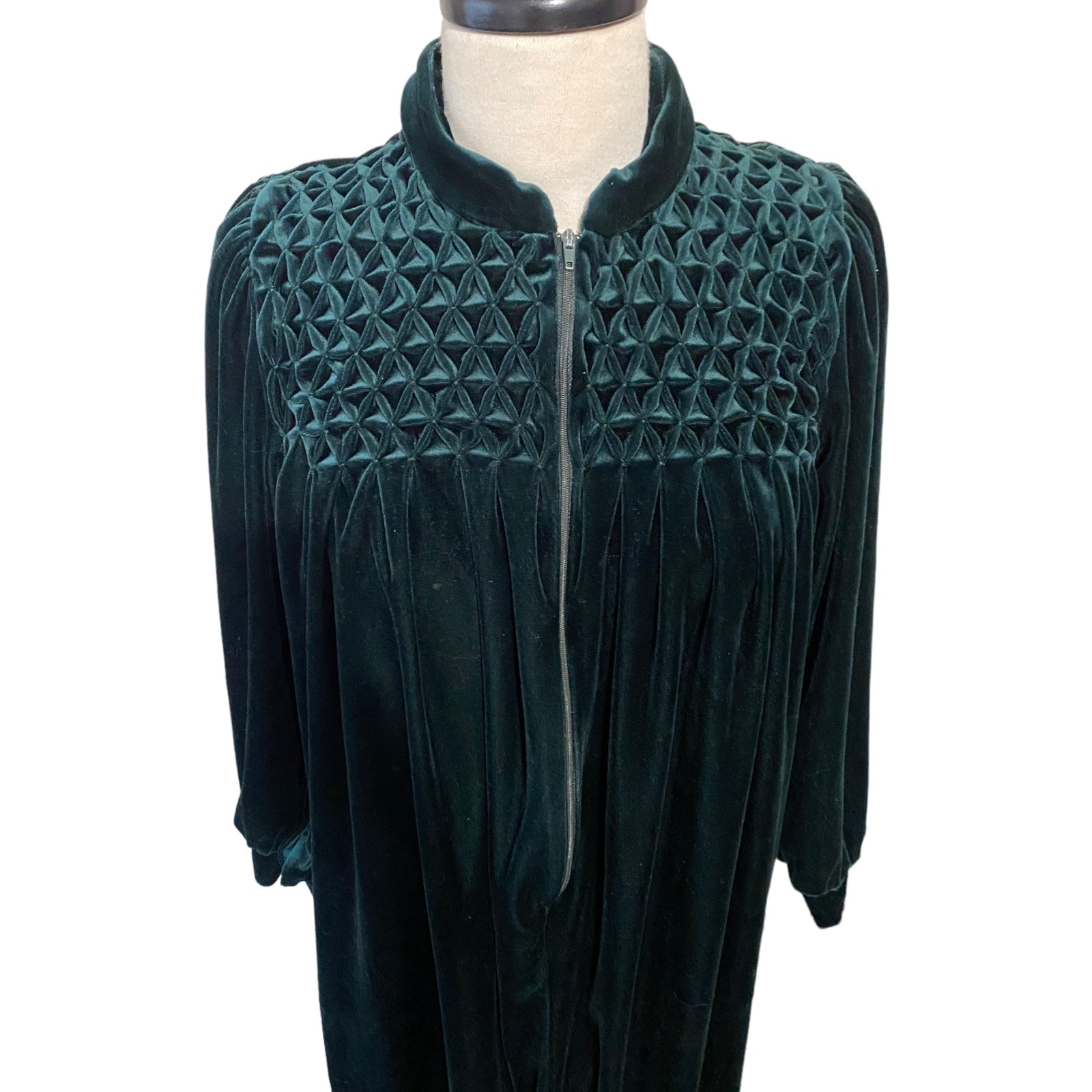 Vintage 80s Green Velour Smocked Housecoat Duster Lounger L By Saybury ...