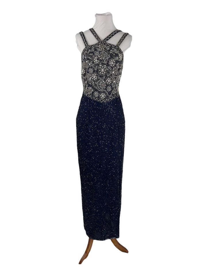 Vintage 80s/90s Body Con Navy Blue Silver Sequined Gown Dress L By ...