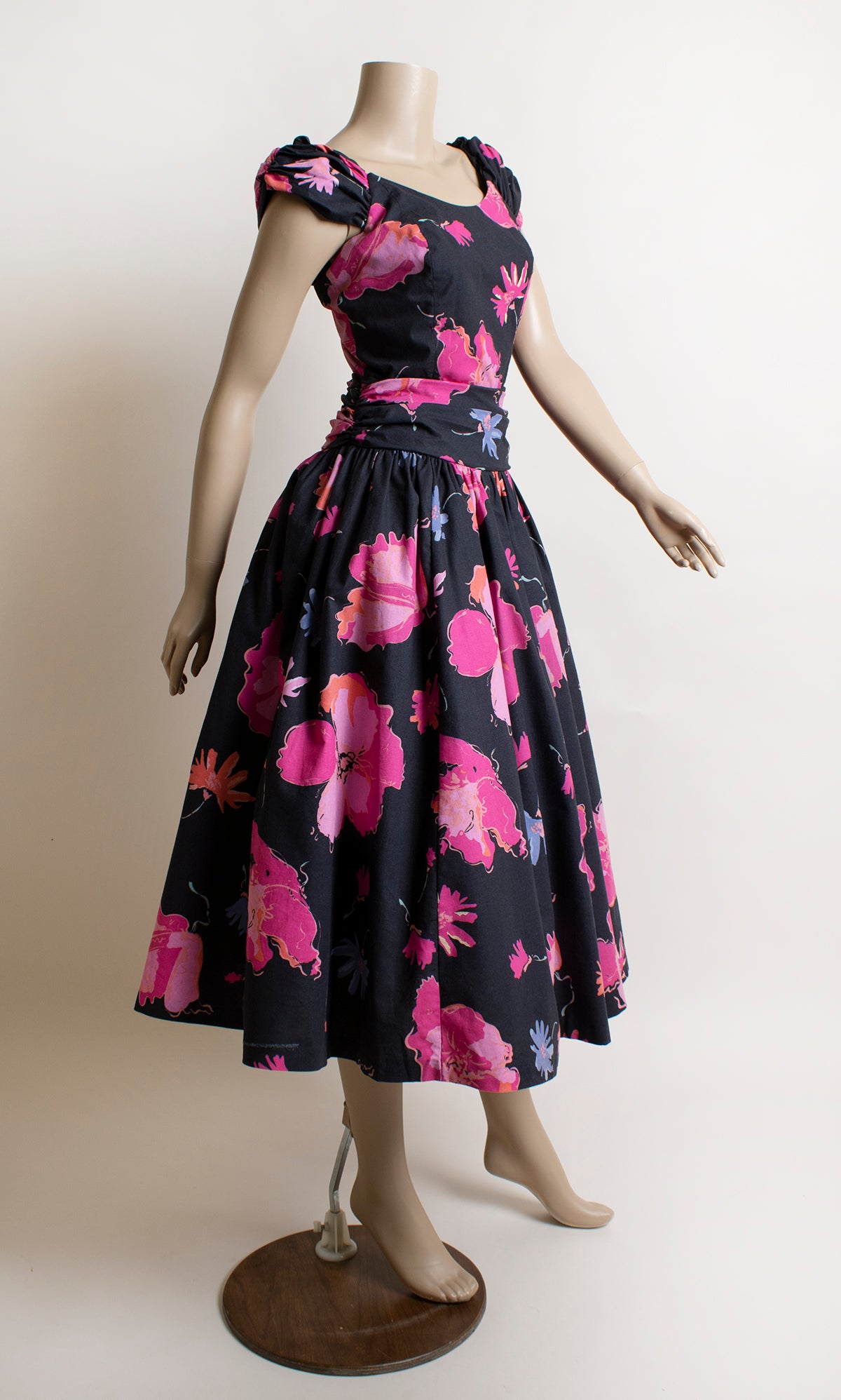 Vintage 80s Pink Black Floral Print Cotton Day Dress 50s Style By Laura ...