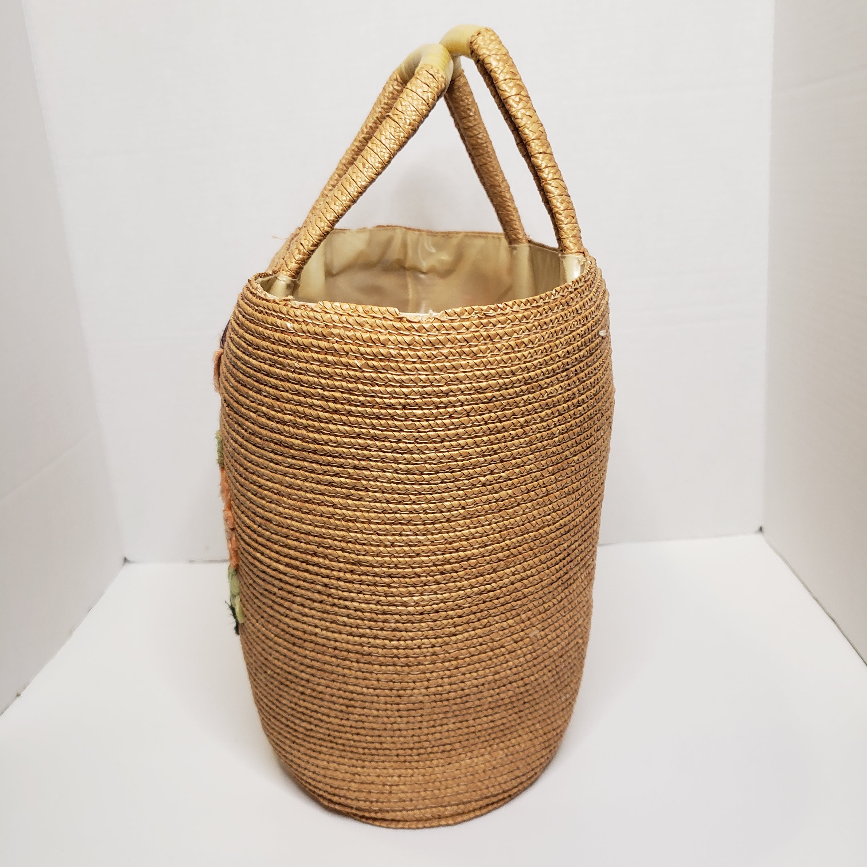 Vintage 60s/70s Large Hand Woven Straw Tote W Spring Floral Design ...
