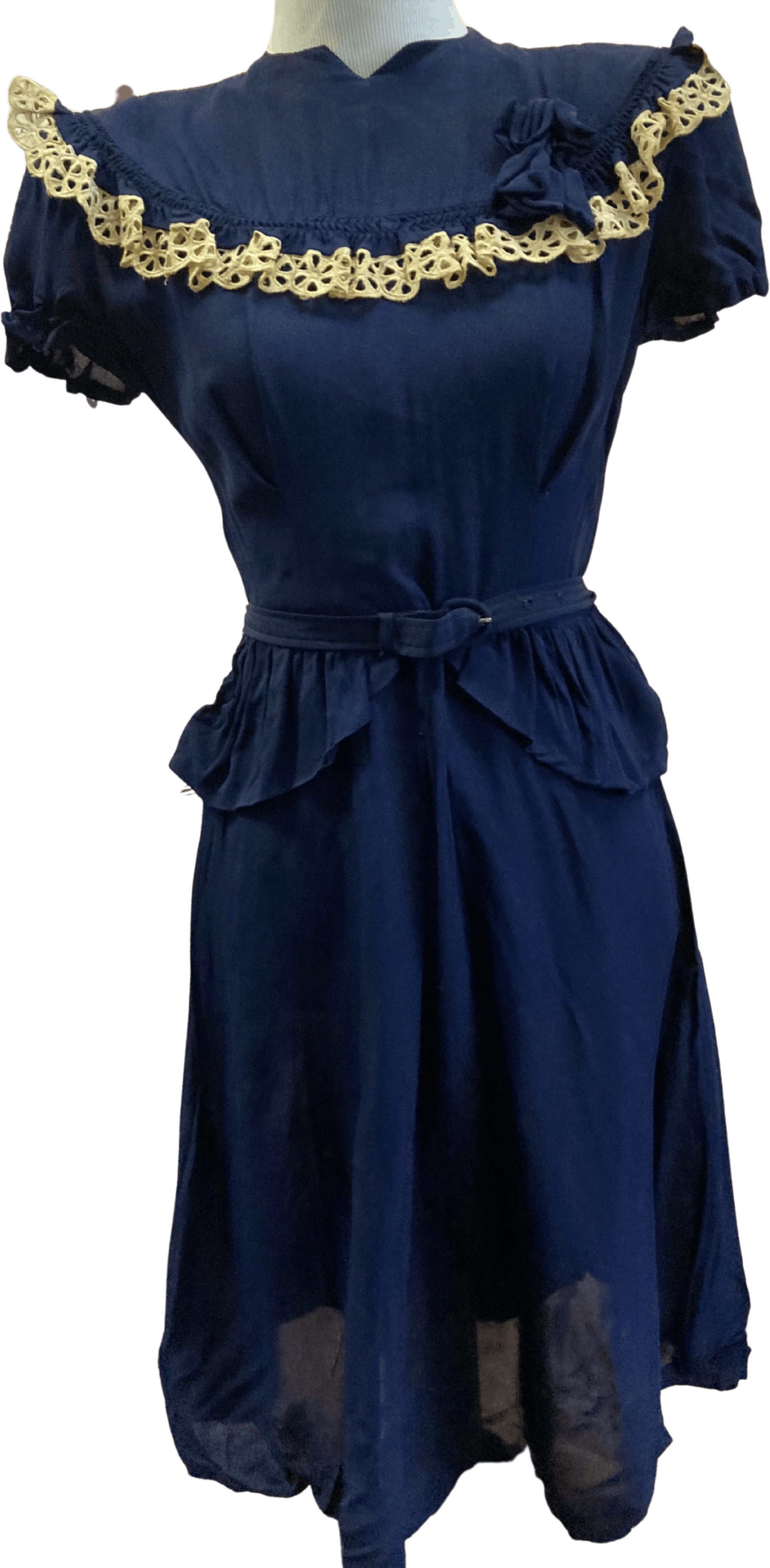 Vintage 40's Navy Blue Ruffle Collar Belted Peplum Dress by Trudy Hall ...
