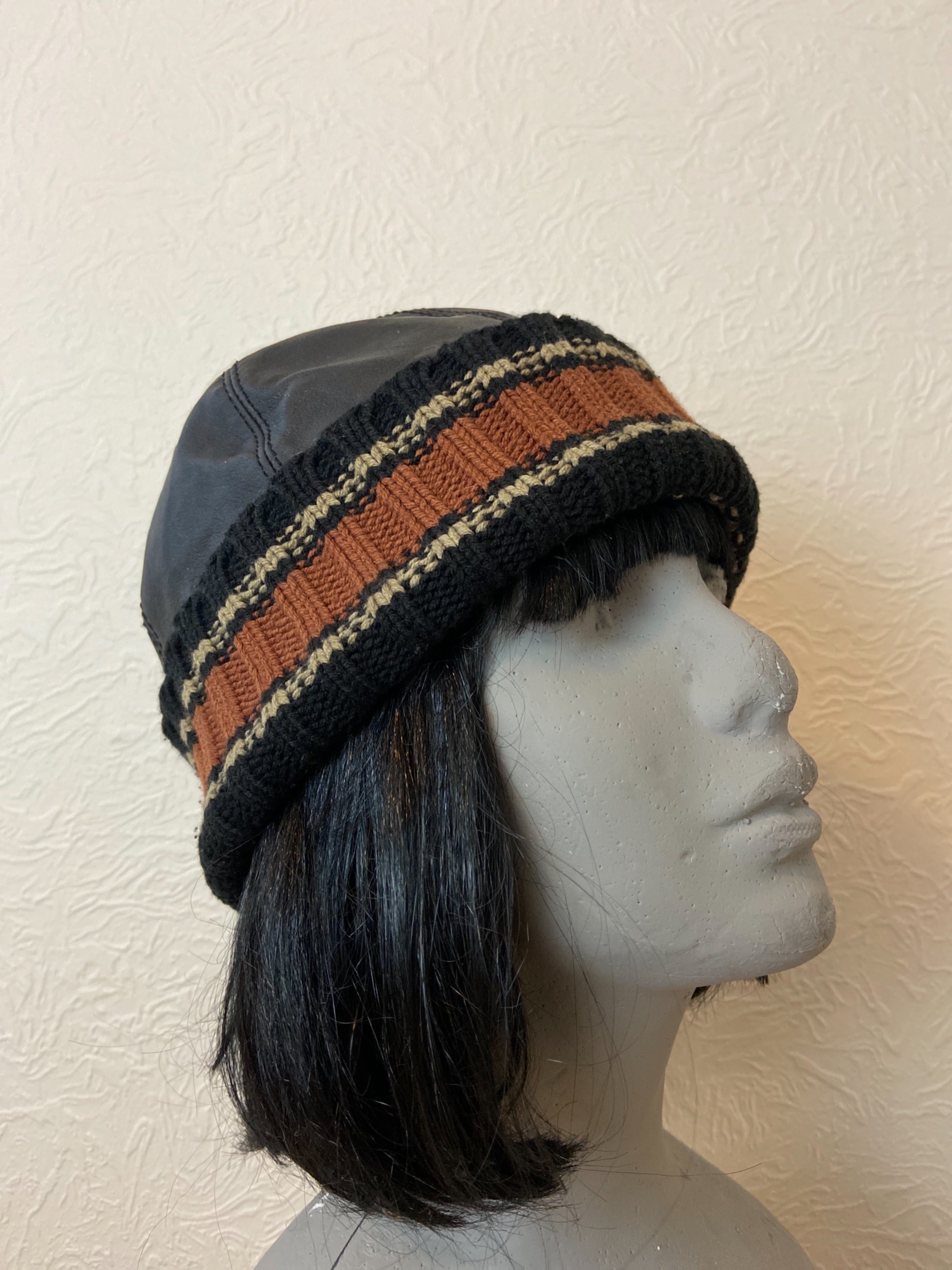 Vintage 80’s Black Leather and Striped Knit Beanie Hat by Wilson's ...