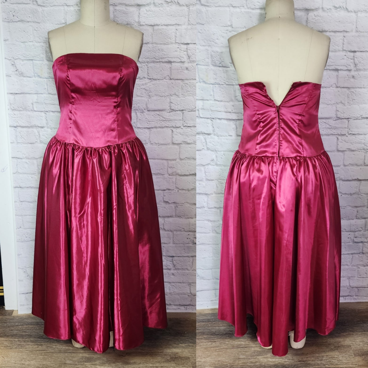 Vintage 80s Cranberry Satin Strapless Prom Bridesmaid Dress | Shop ...