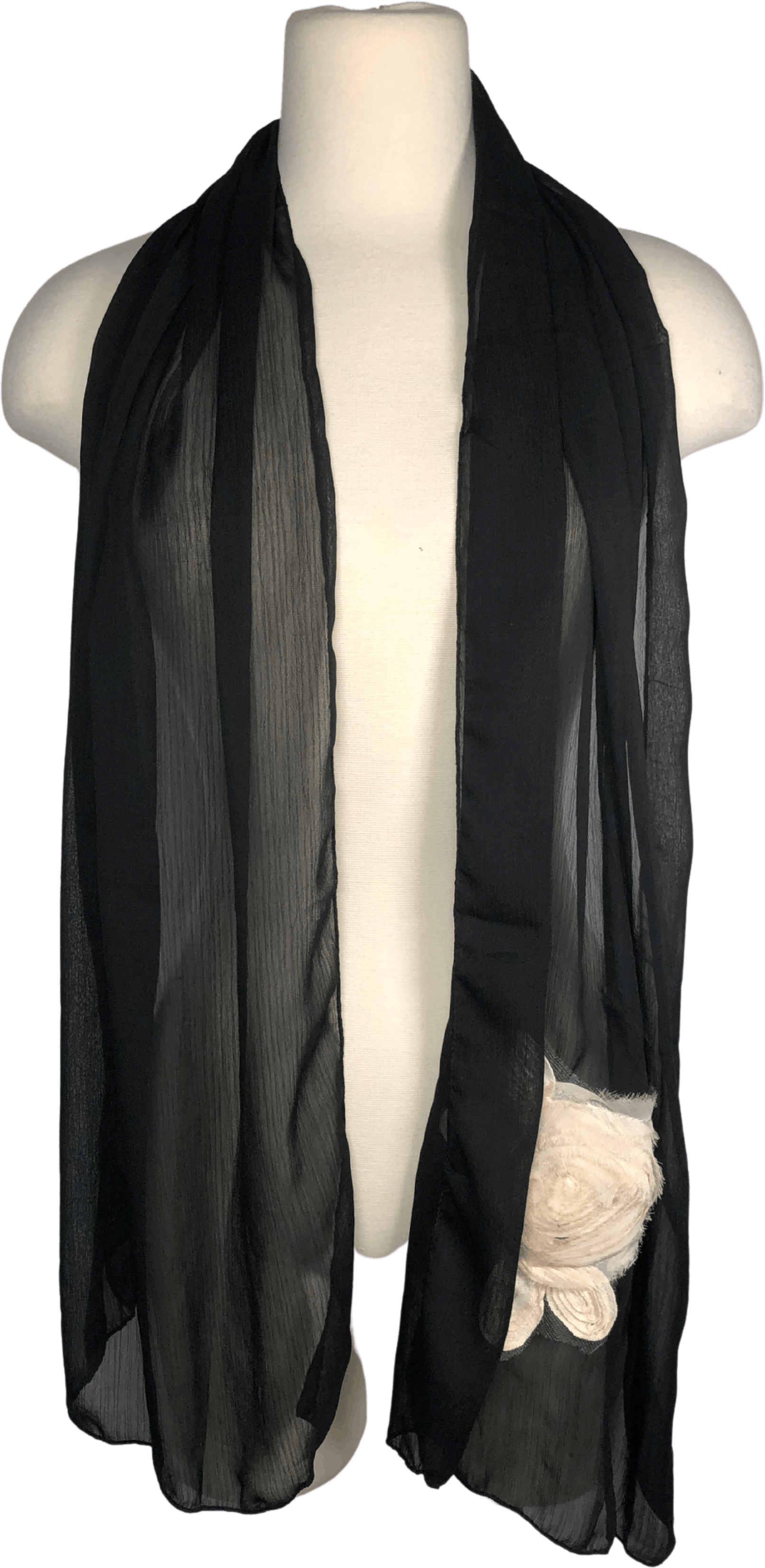 Vintage Sheer Black Chiffon Scarf with Flower Applique | Shop THRILLING