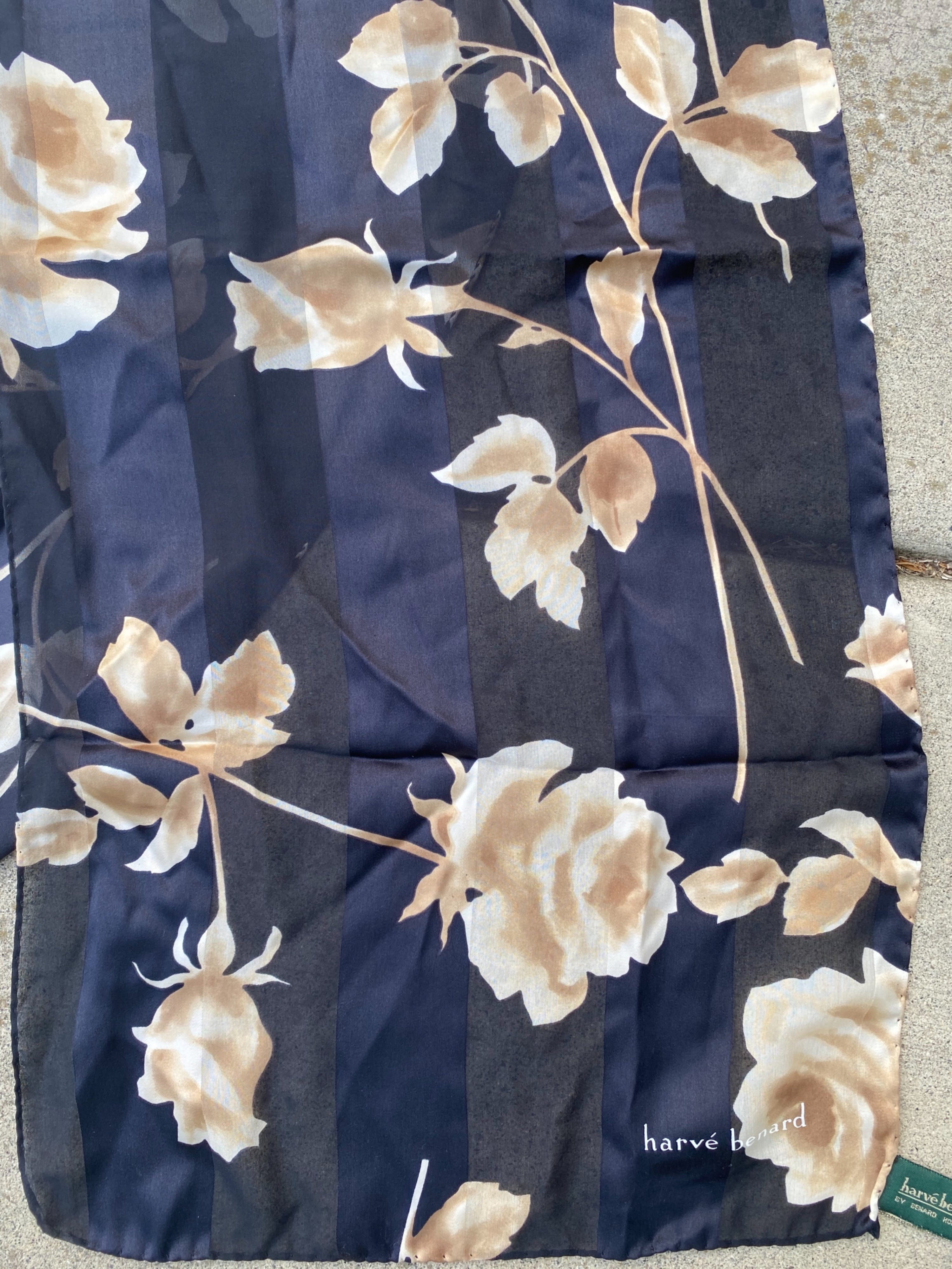 Vintage 80's Black and Beige Floral Silk Long Scarf Head Wrap by Harvey ...