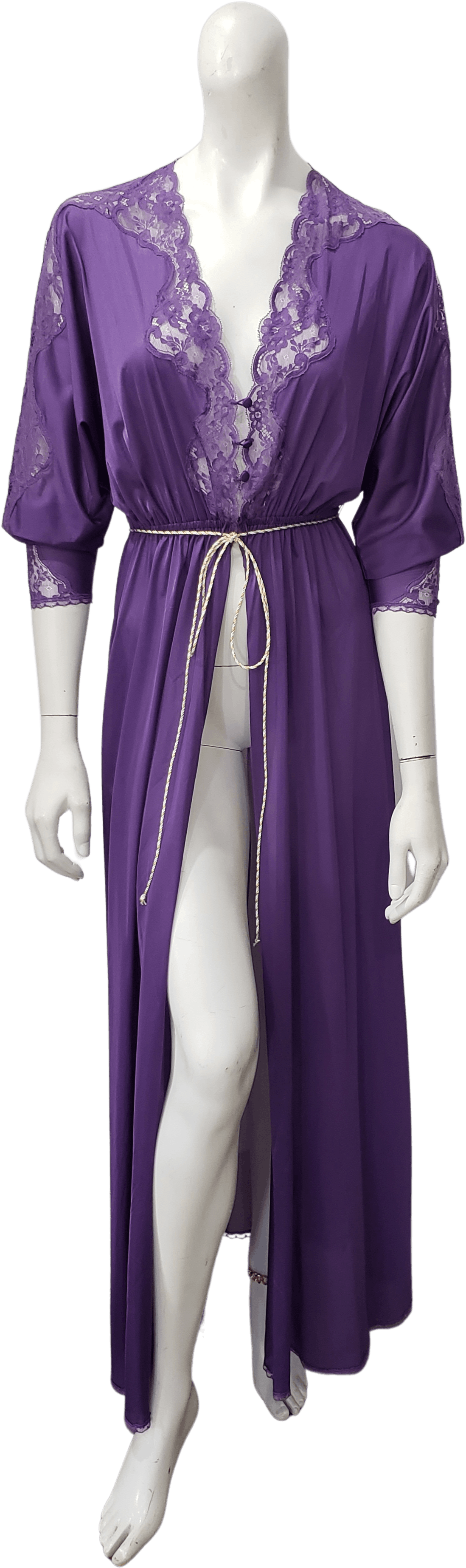 Vintage 70's Purple Lace Plunging Neckline Metallic Rope Tie Slit ...