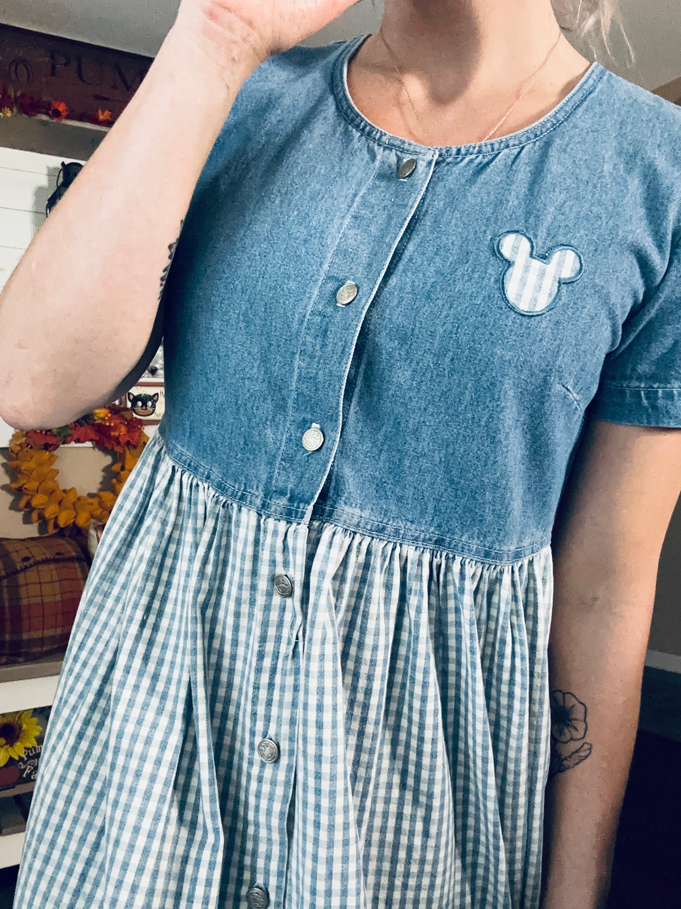 Vintage 90s Mickey Mouse Gingham Button Down Denim Dress By Disney ...