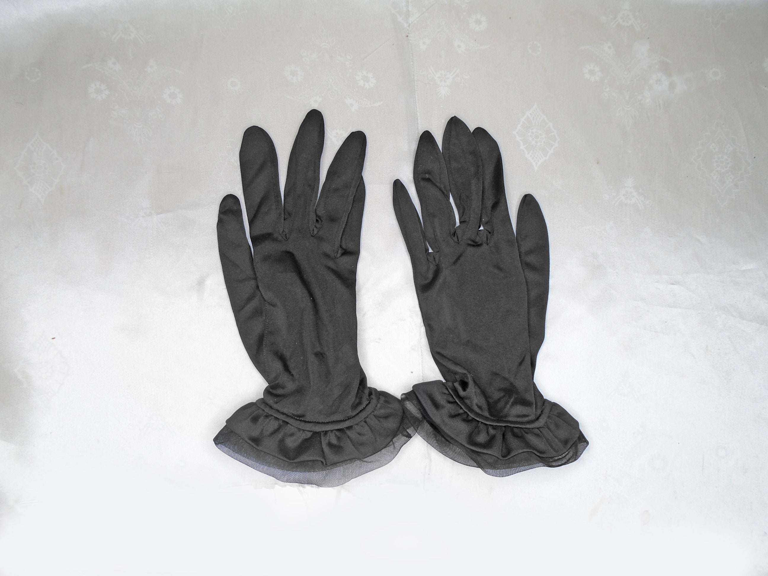 Vintage Short Black Sheer Nylon Gloves with Ruffles by Van Raalte ...