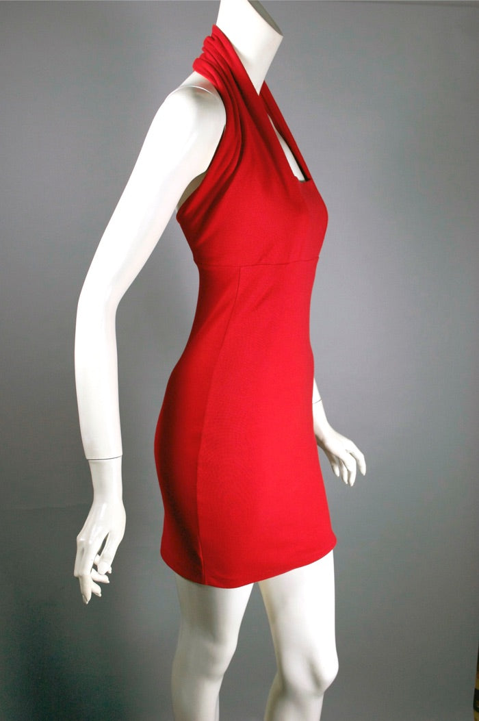 Vintage 80s/90s Red Knit Bodycon Mini Dress Halter Neck By Express ...