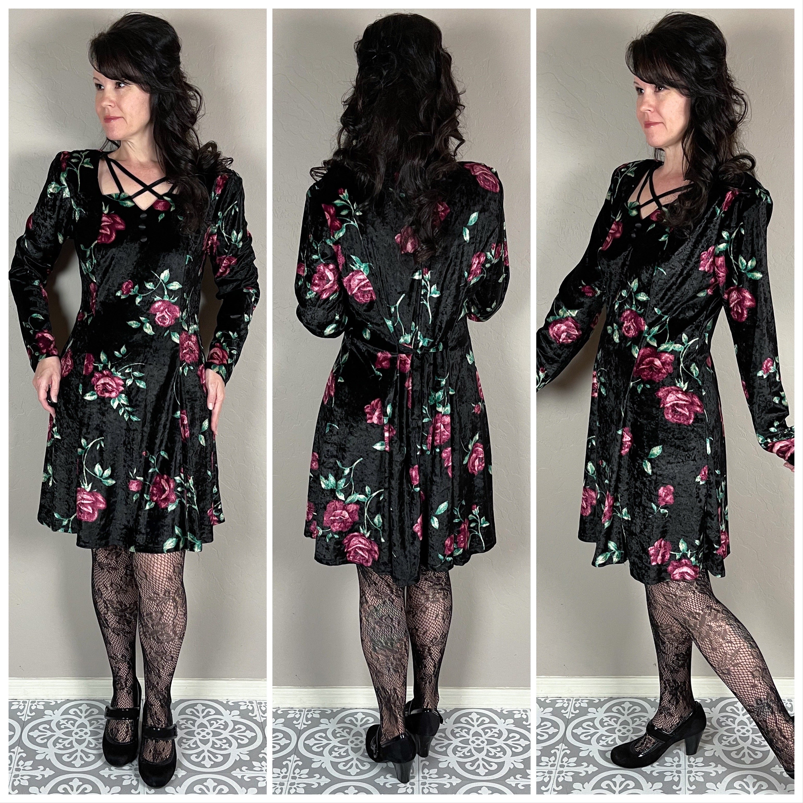 Vintage 90s Black Floral Crushed Velvet Mini Dress By Jamie Brooke ...