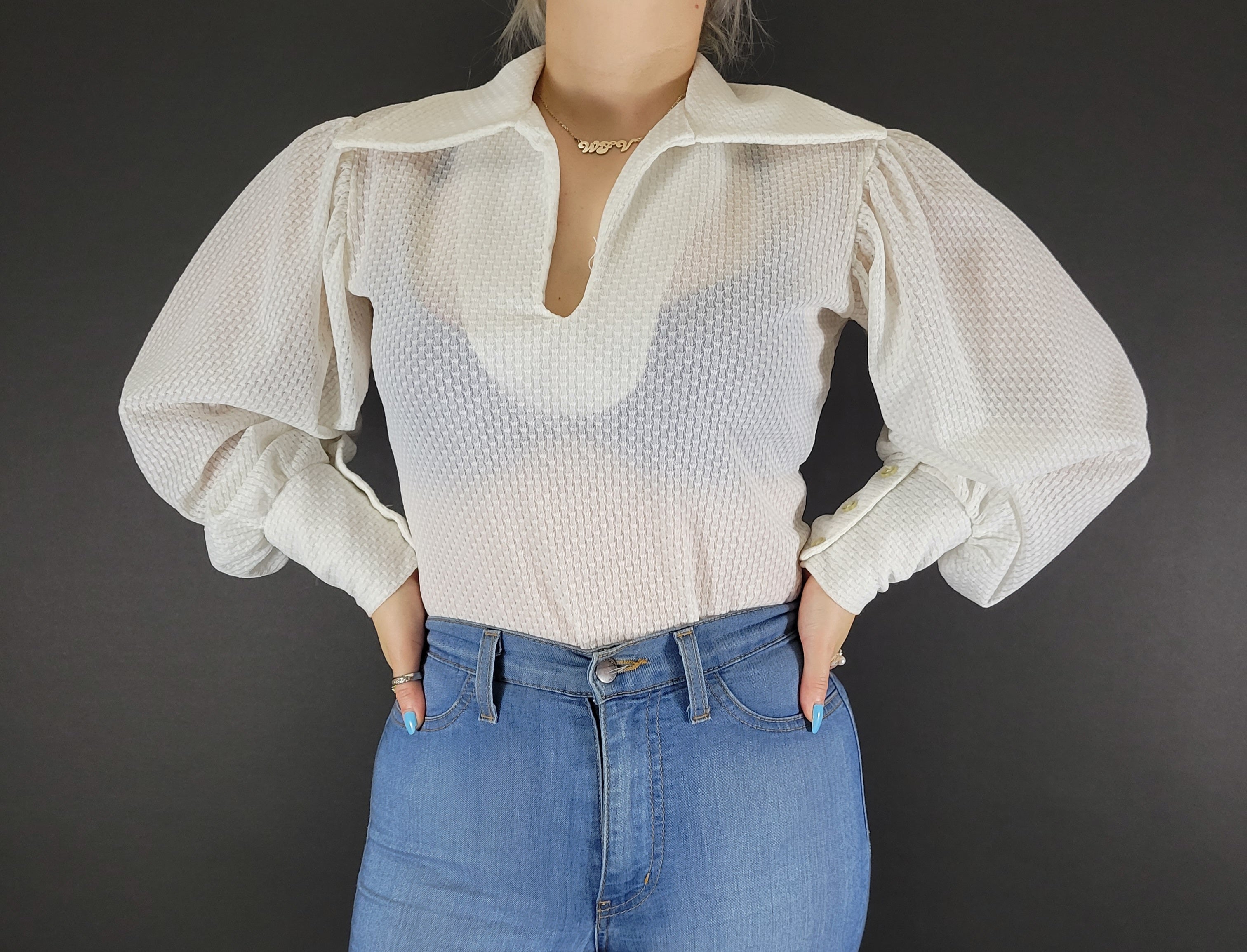 Vintage 70s White Textured Long Sleeve Collared Bodysuit | Shop THRILLING