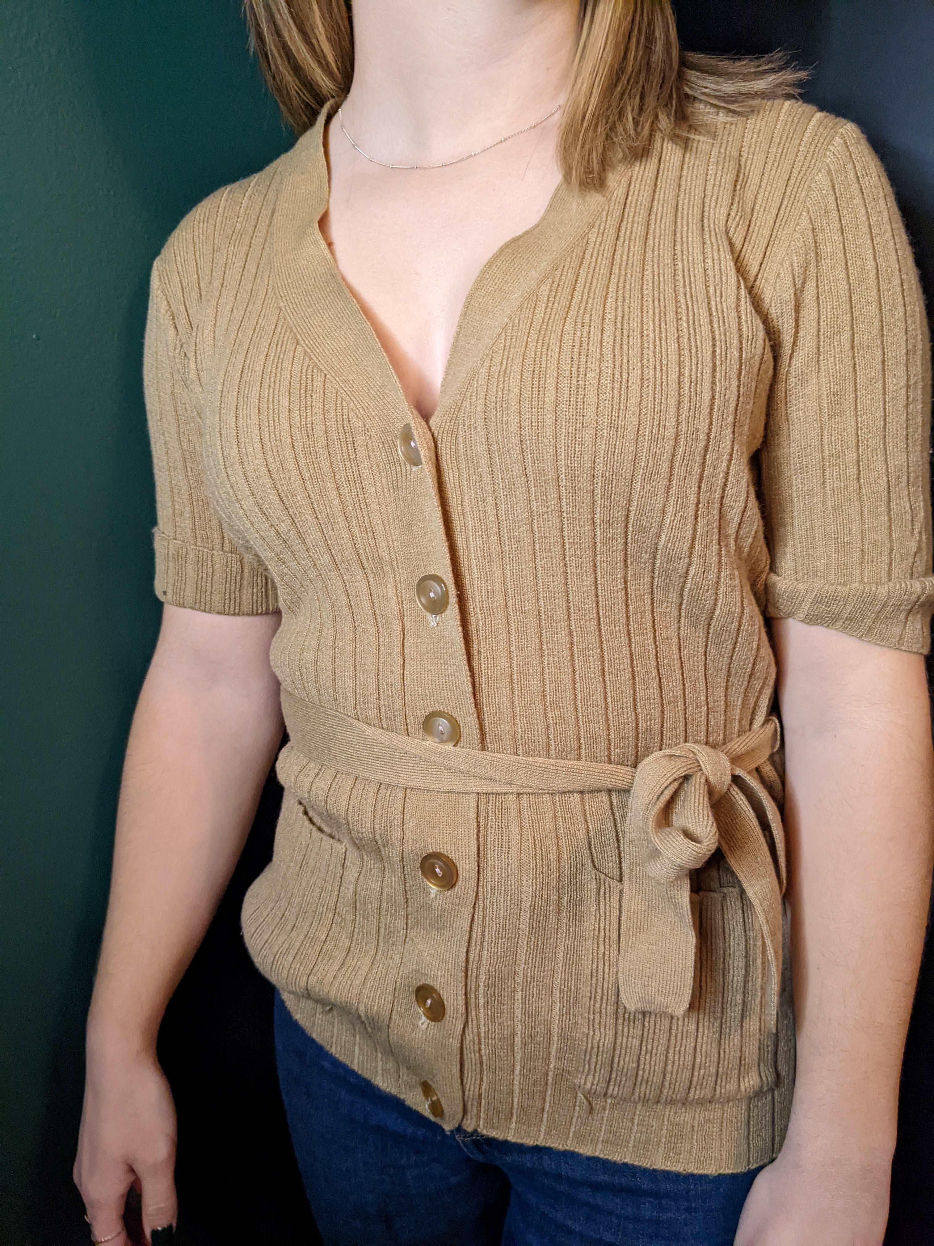 Vintage 70s Tan Button Up Short Sleeve Sweater | Shop THRILLING