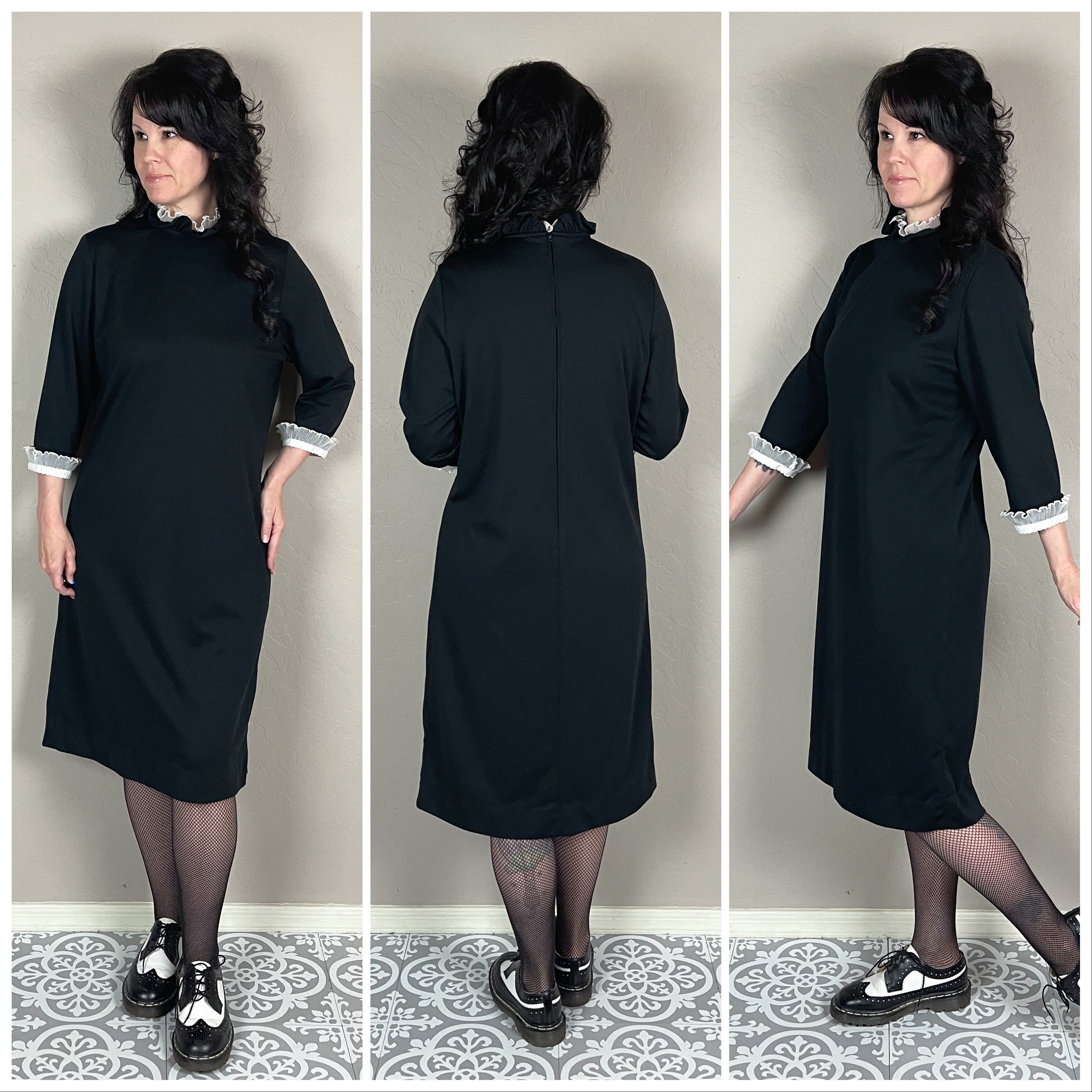 Vintage 70s Black Ruffled High Neck Shift Dress By Lady Laura by Toni ...
