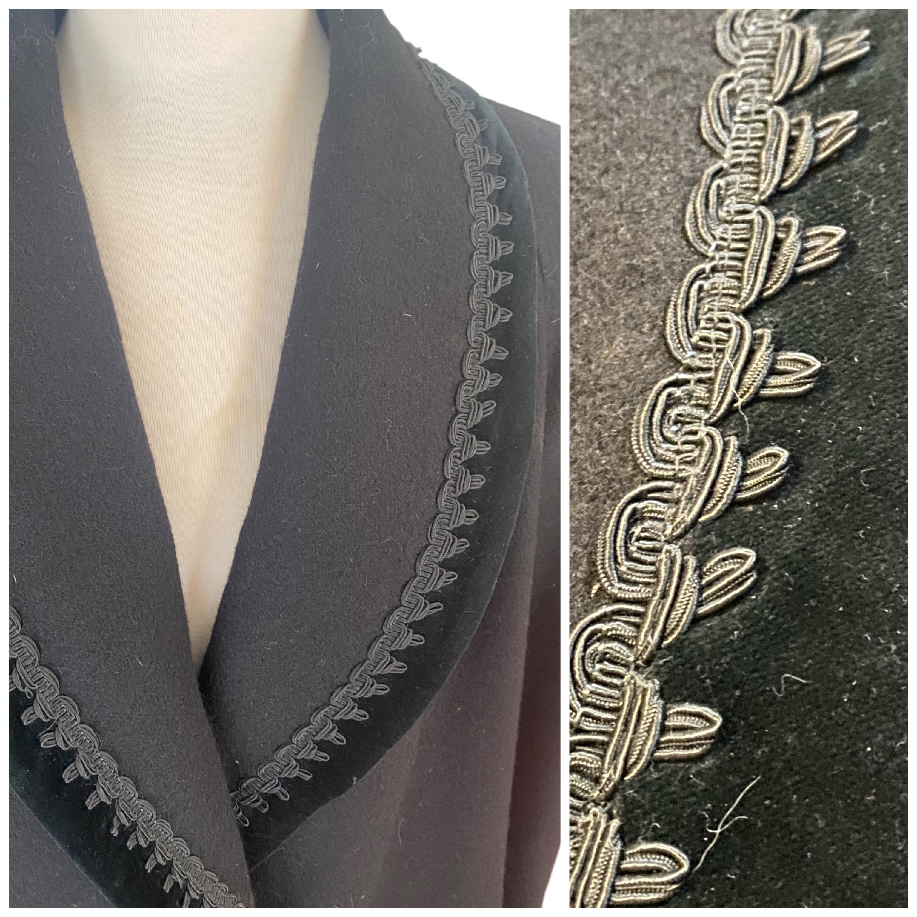 Vintage 80s Black Wool Dress Coat Velvet Collar Braiding Xl By Lady ...