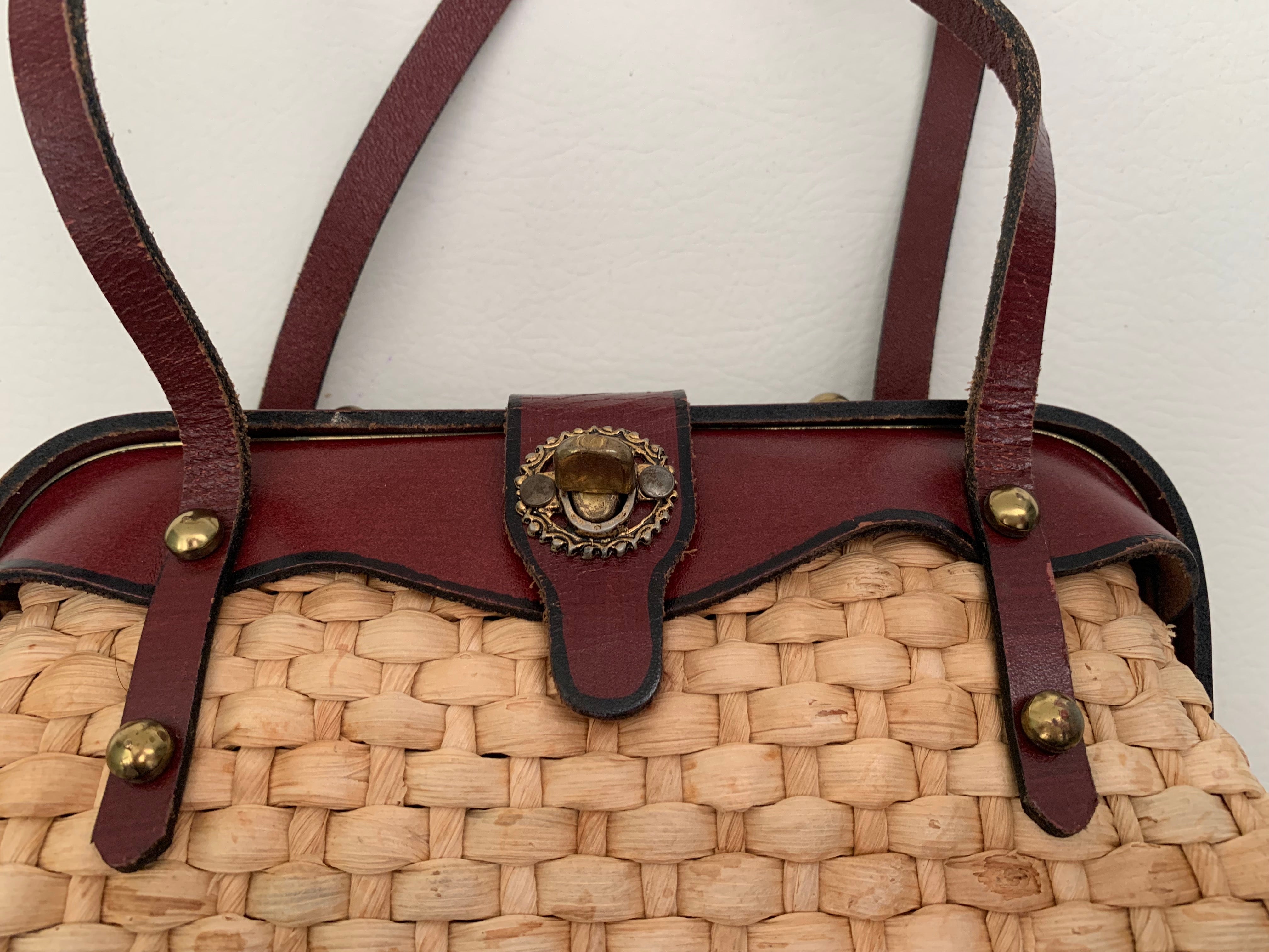 Vintage 60s/70s Straw And Brown Leather Top Handle Handbag | Shop THRILLING
