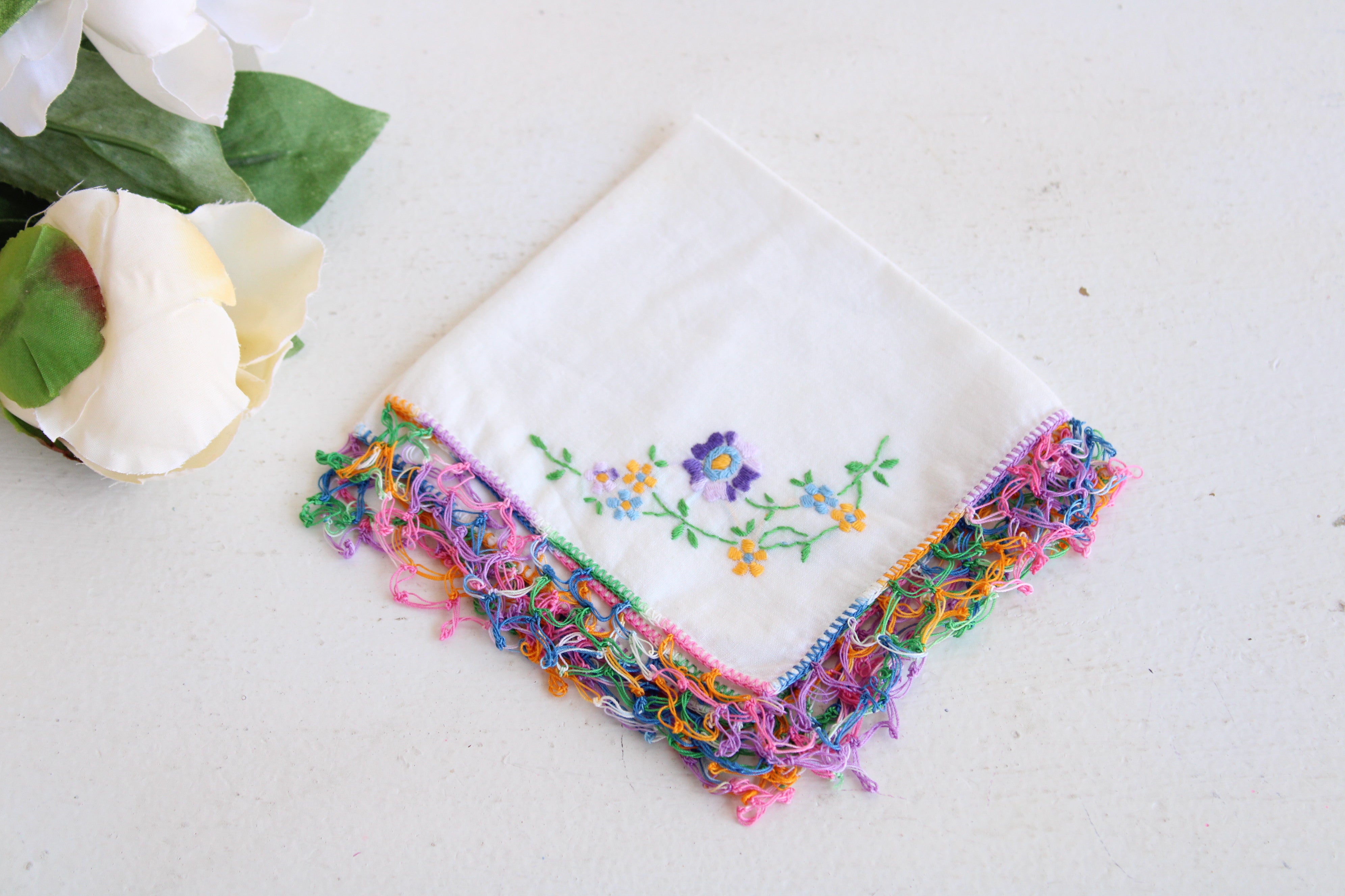 Vintage 50s/60s Handkerchief With Rainbow Crochet Trim | Shop THRILLING