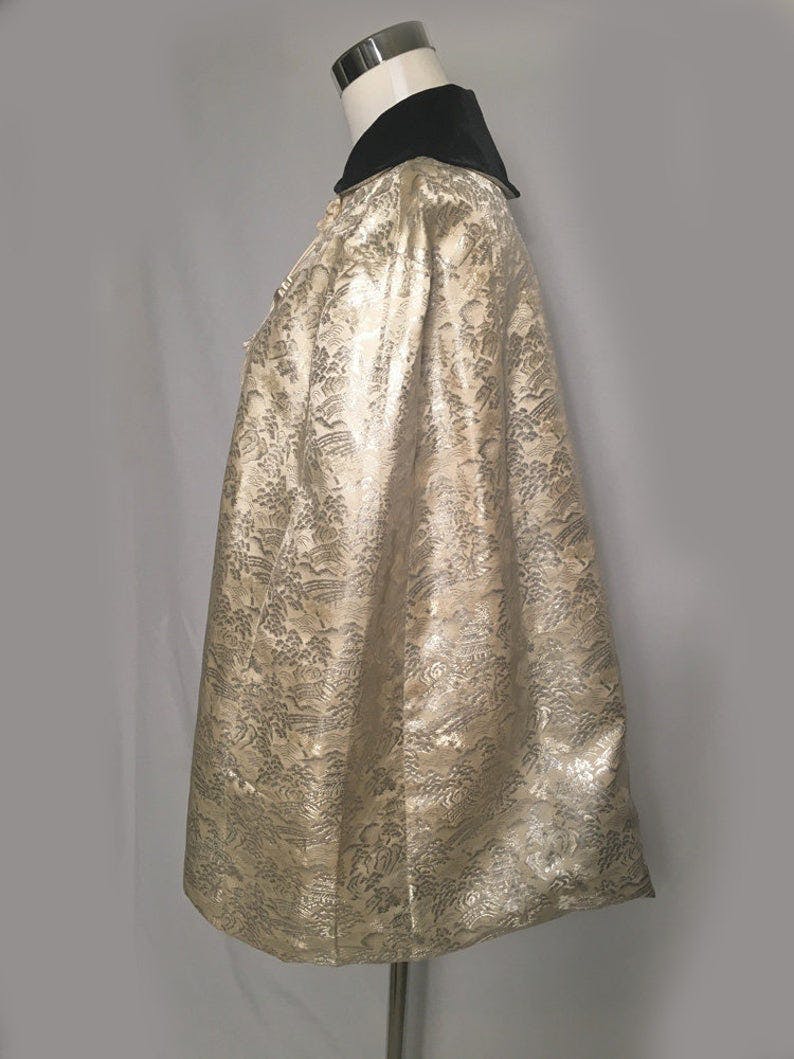 Vintage 60's Silver Metallic Brocade Cape with Black Velvet Collar and ...