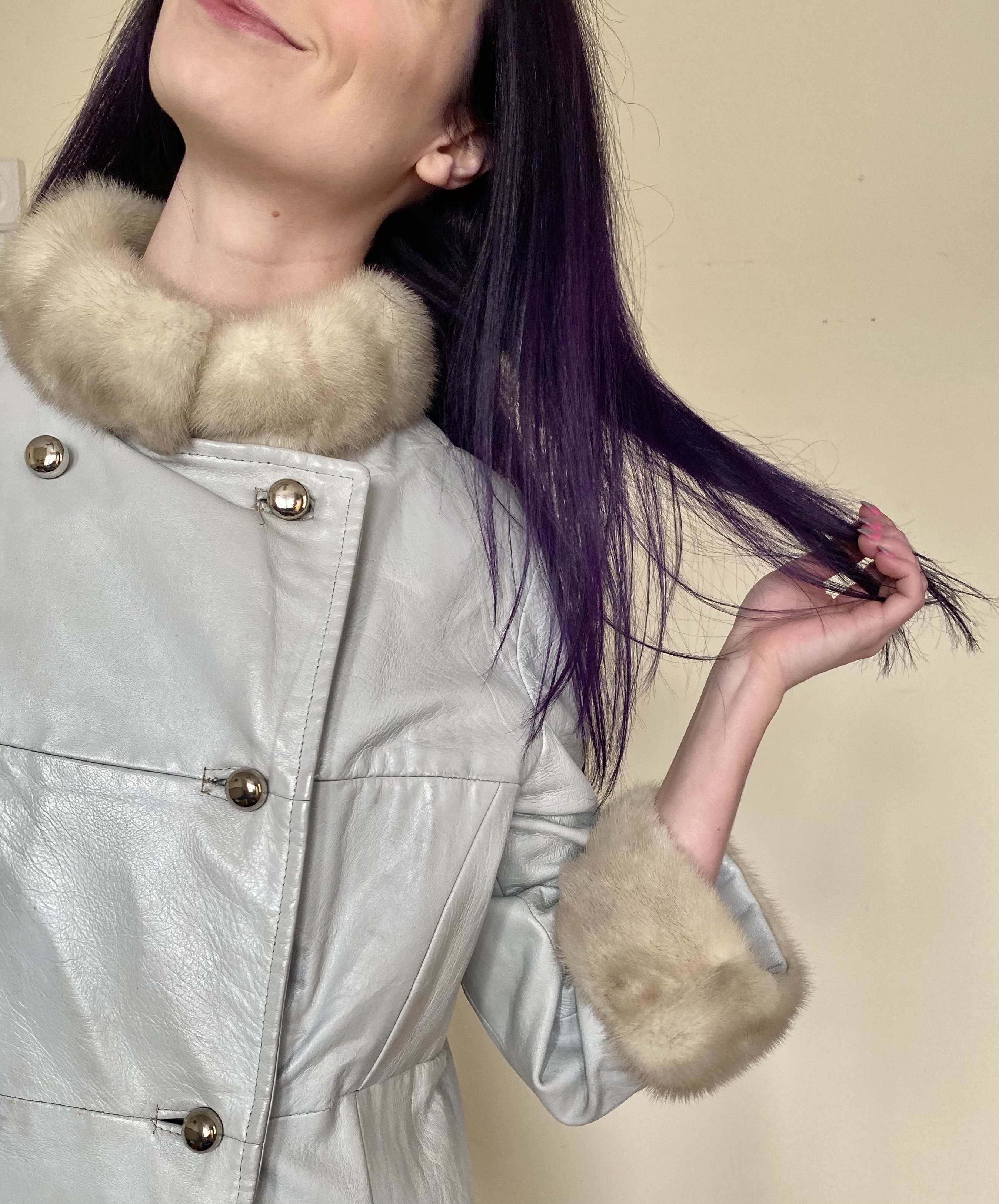 Vintage 60’s Pale Blue Leather Coat with Mink Fur Collar | Shop THRILLING