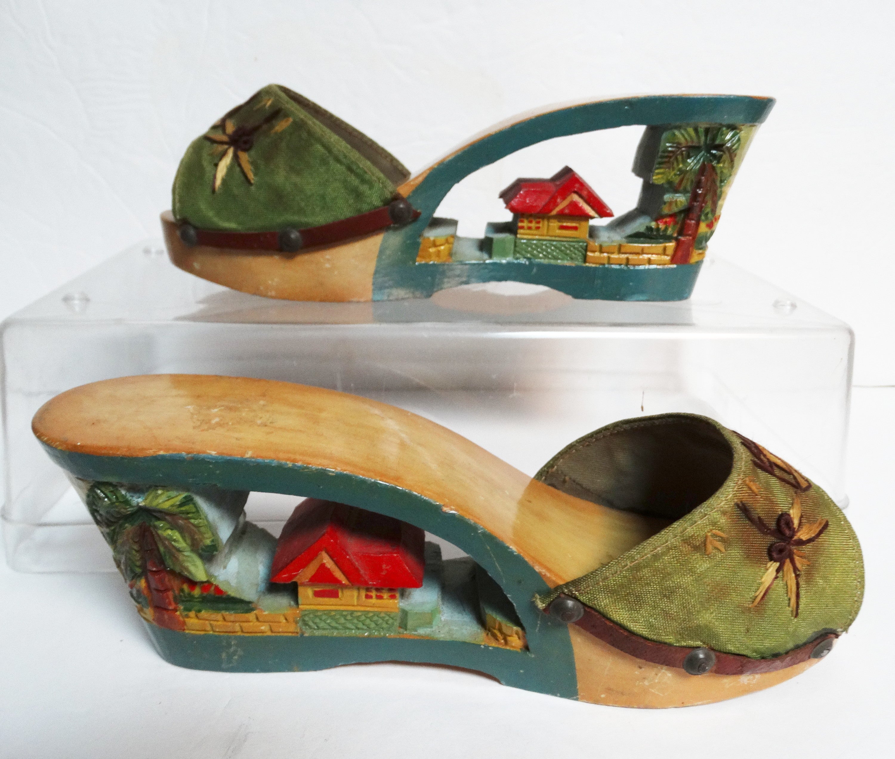 Vintage 40s 40s Mexican Hand Painted Carved Wooden Wedges By Mexican ...
