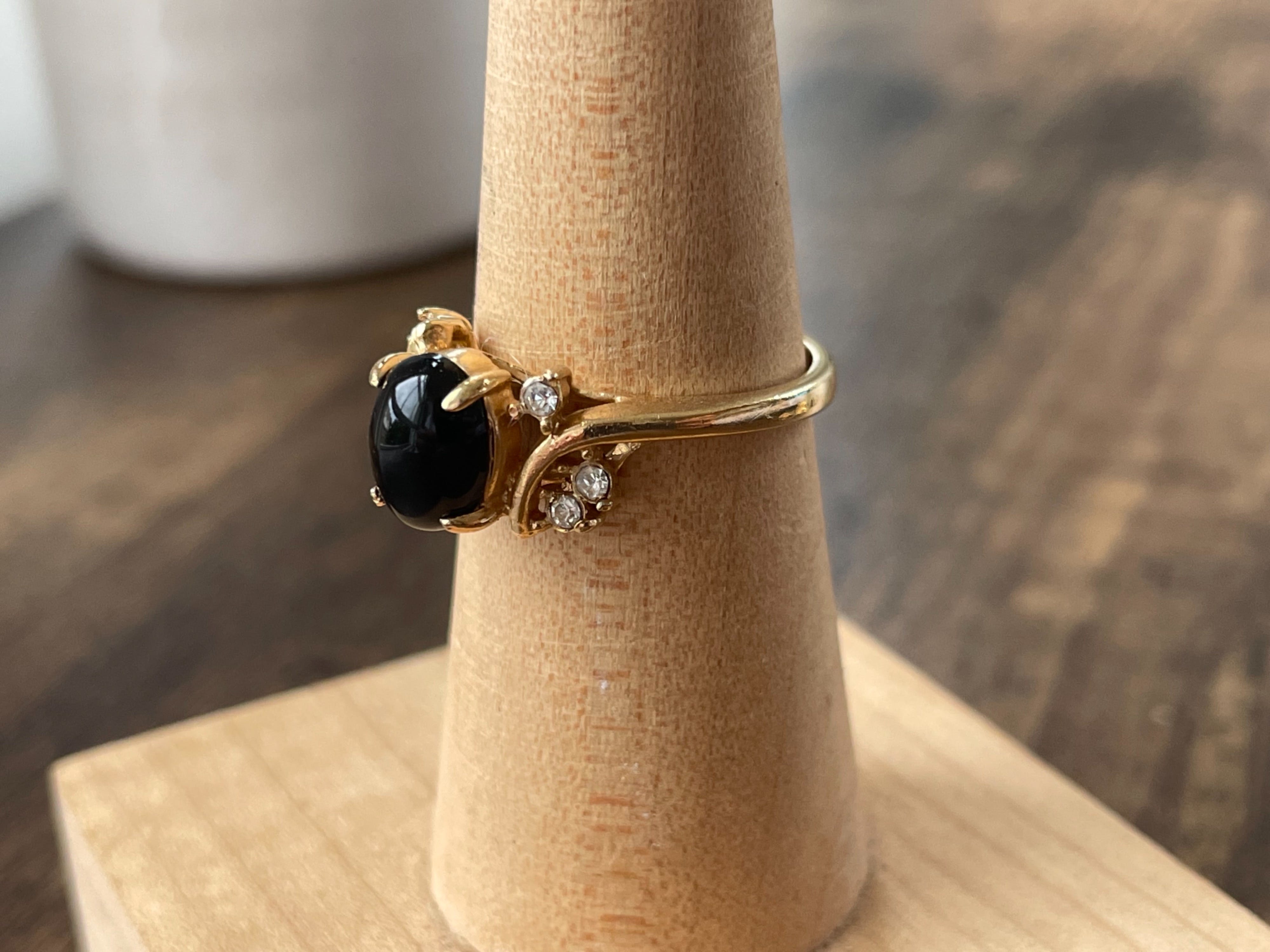 Vintage Gold Cocktail Ring with Black Stone and Cz Accent | Shop THRILLING