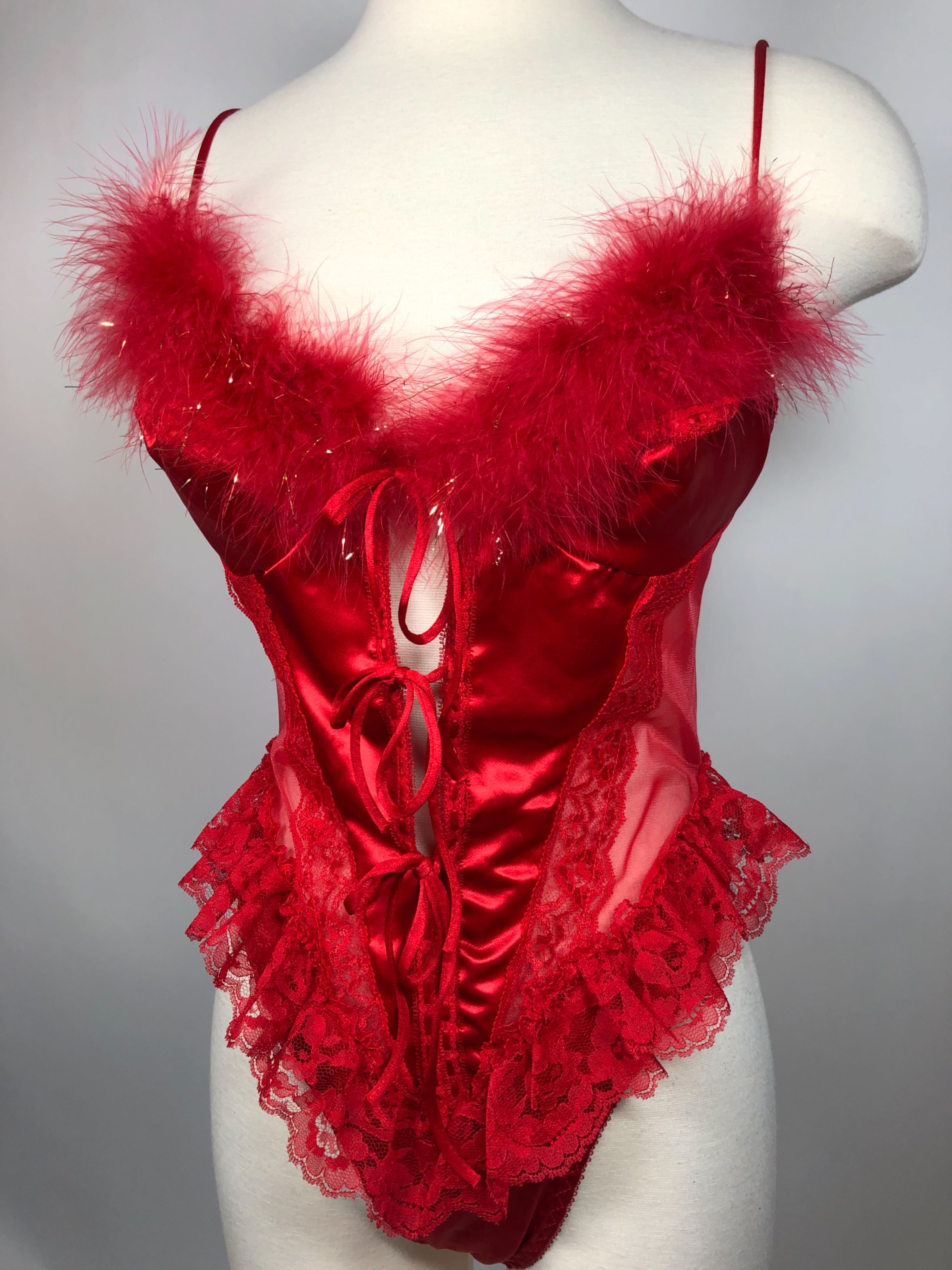 Vintage 80's Red Marabou Feather and Lace Teddy | Shop THRILLING