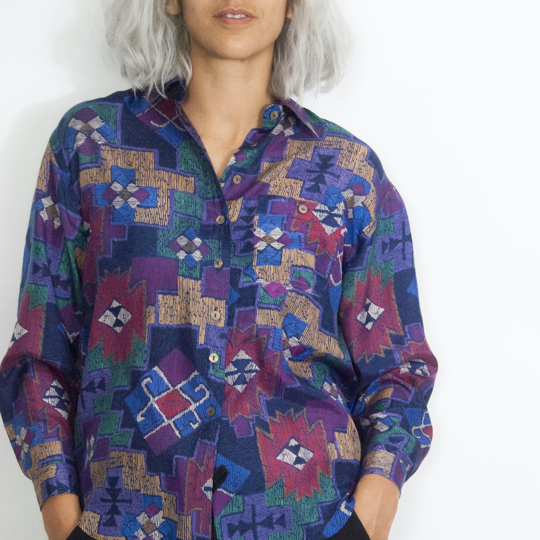 Vintage 80's Abstract Southwestern Style Silk Blouse by Tribes For Her ...