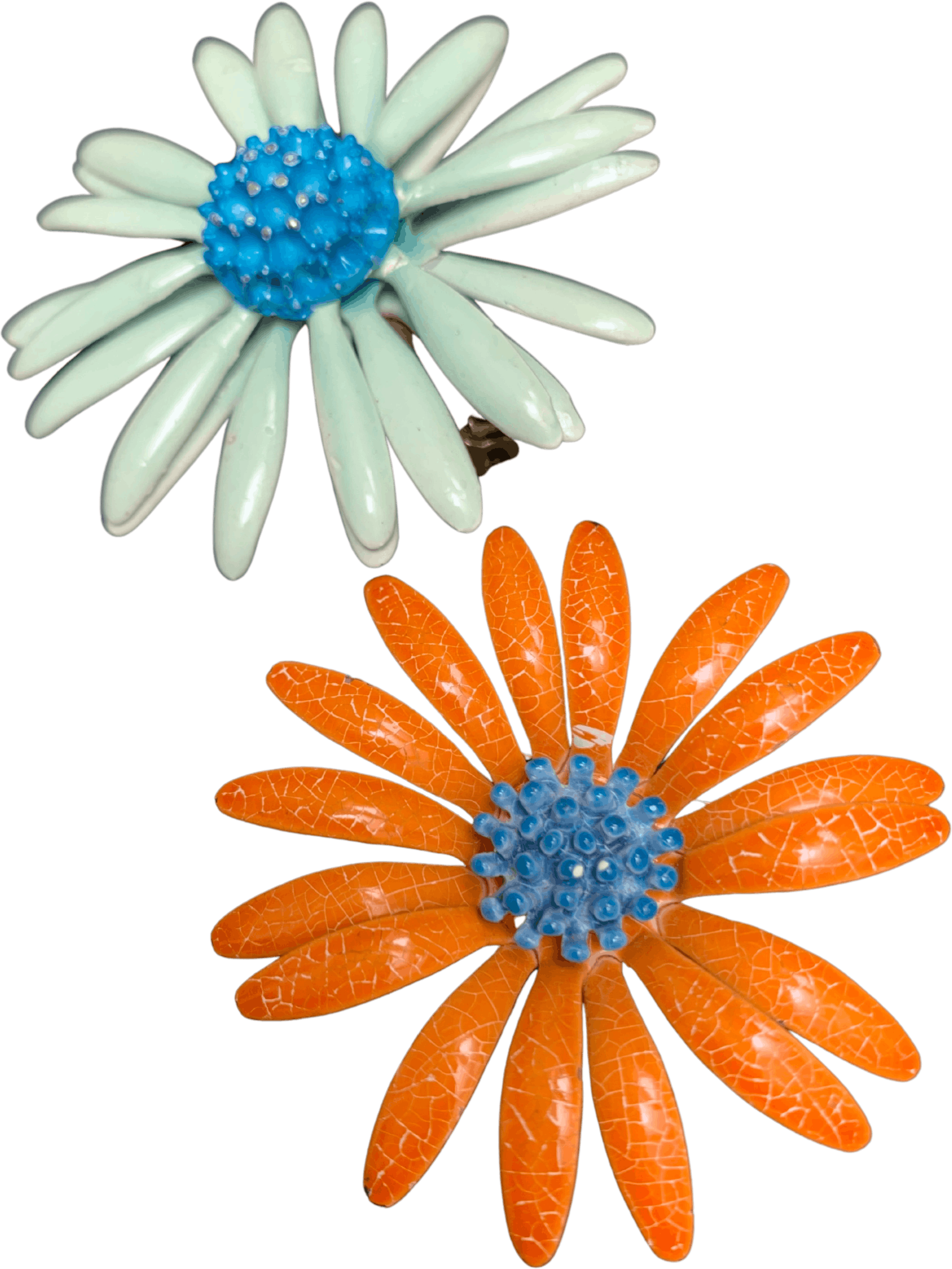 Vintage 60's Two Green and Orange Enamel Daisy Pins | Shop THRILLING