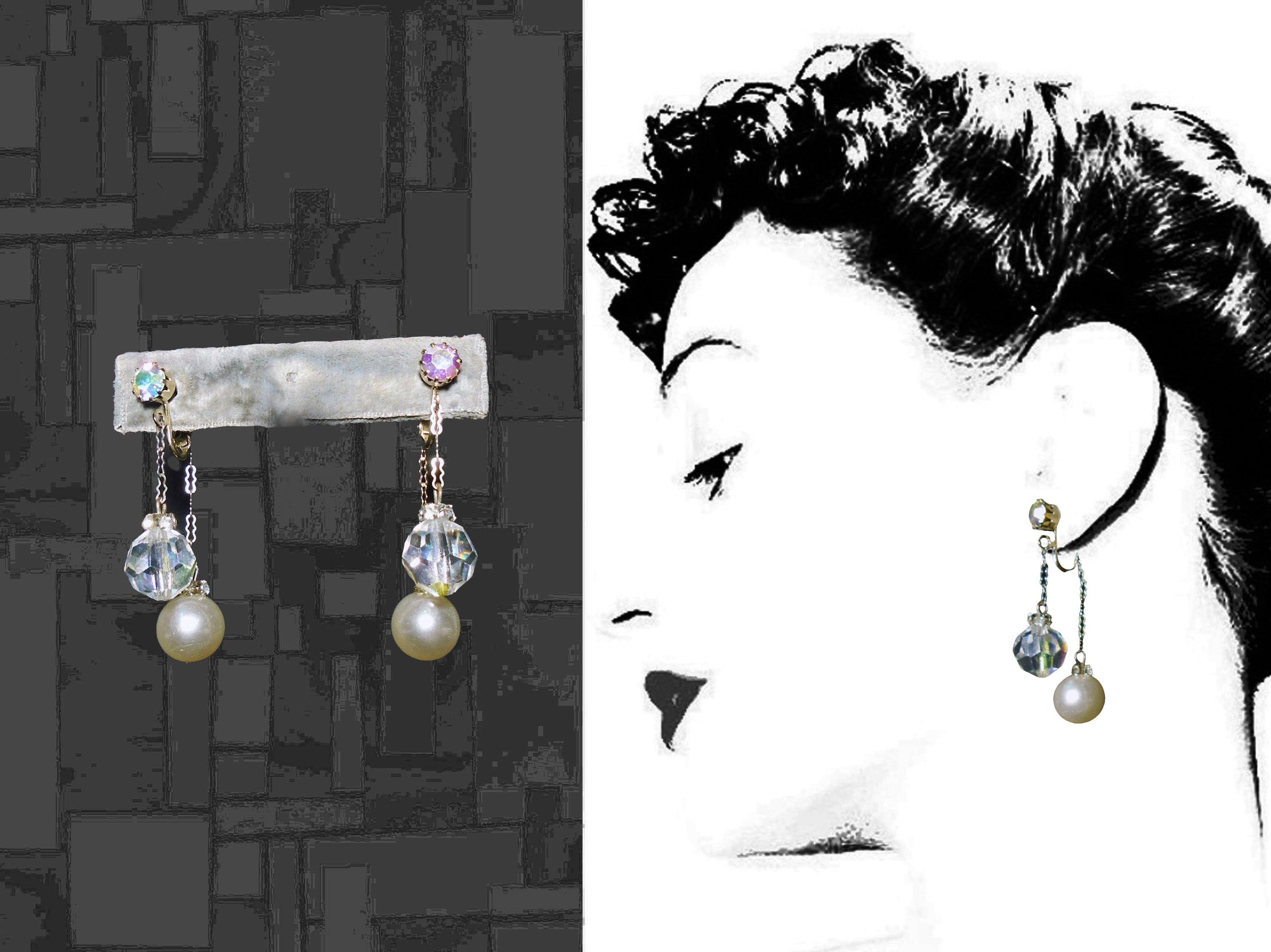 Vintage 70s/80s Clip On Dangle Earrings Pearl Crystal, Front Back ...