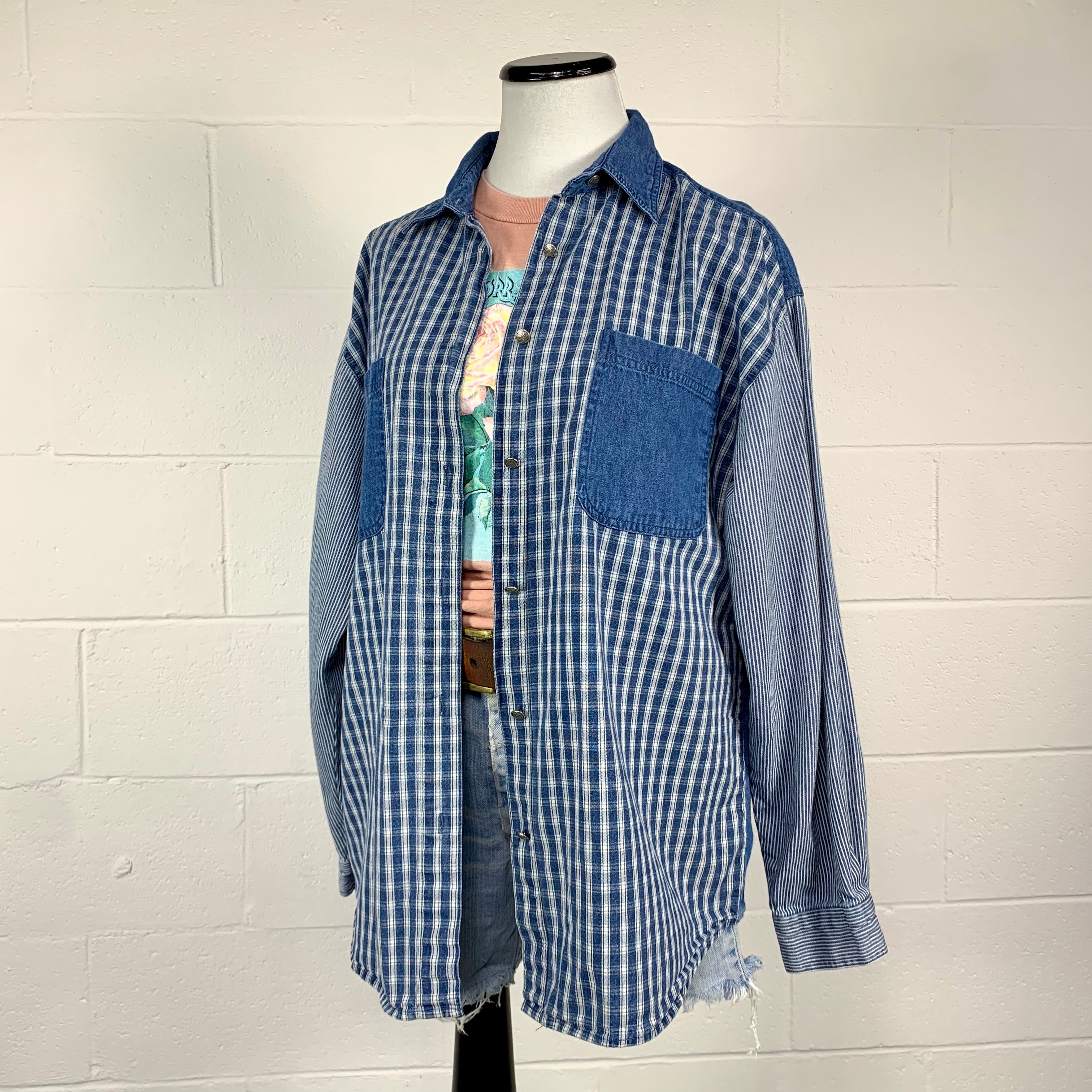 Vintage 80s Conductor Stripe Plaid Denim Oversized Chore Shirt By ...